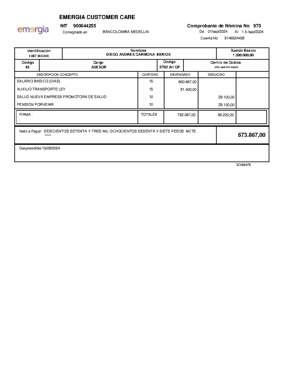 Comprobante de Nomina 15 - EMERGIA CUSTOMER CARE NIT 900644255 ...
