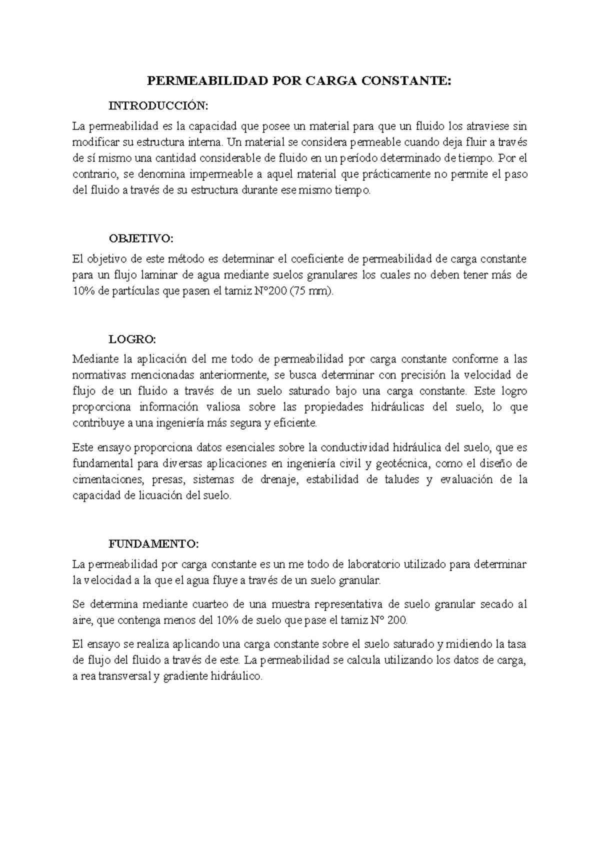 Permeabilidad por Carga Constante: Método y Procedimiento - Studocu