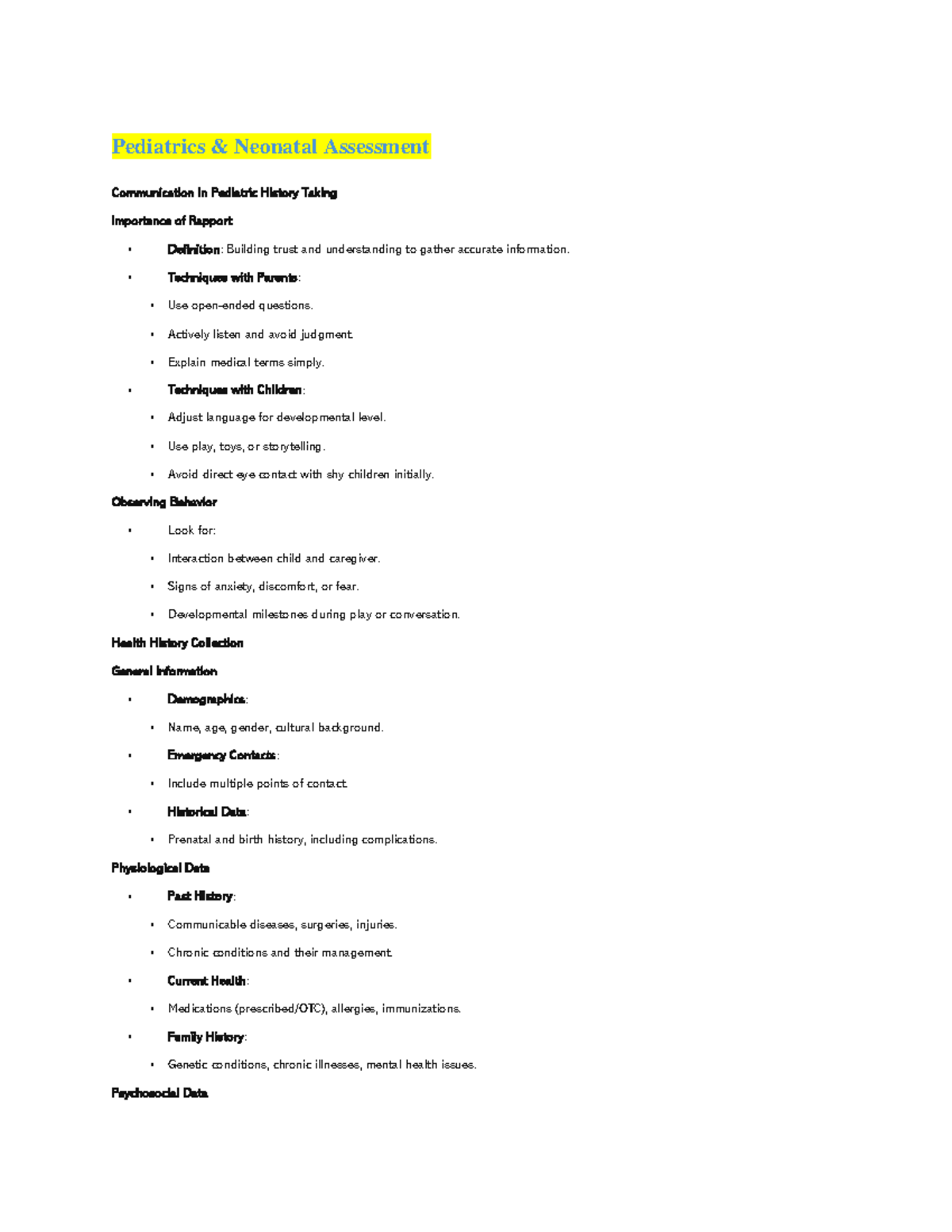 Ped - Neo Assessment Notes - Pediatrics & Neonatal Assessment ...
