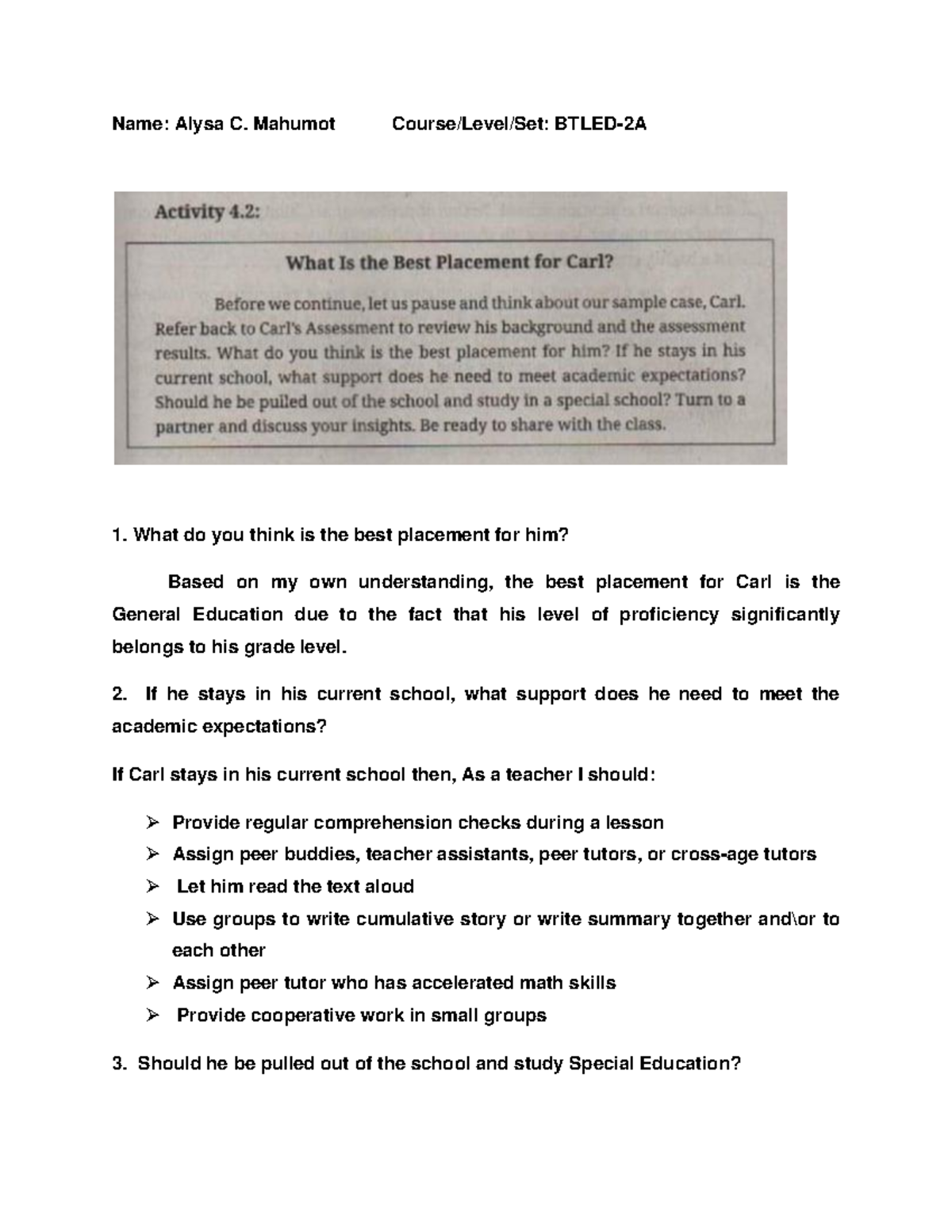Carl's Pre-referral Process - Name: Alysa C. Mahumot Course/Level/Set ...
