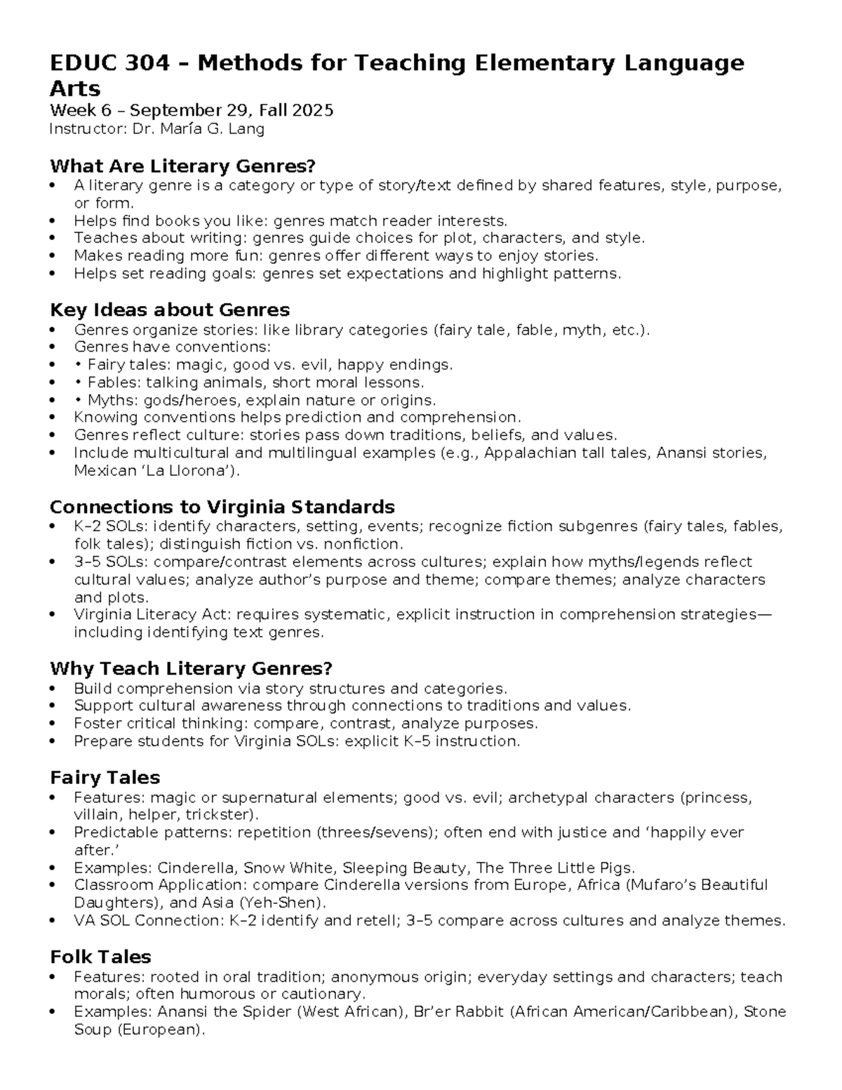 Genres of Literature: Teaching Strategies & VA SOLs - EDUC 304 - Studocu