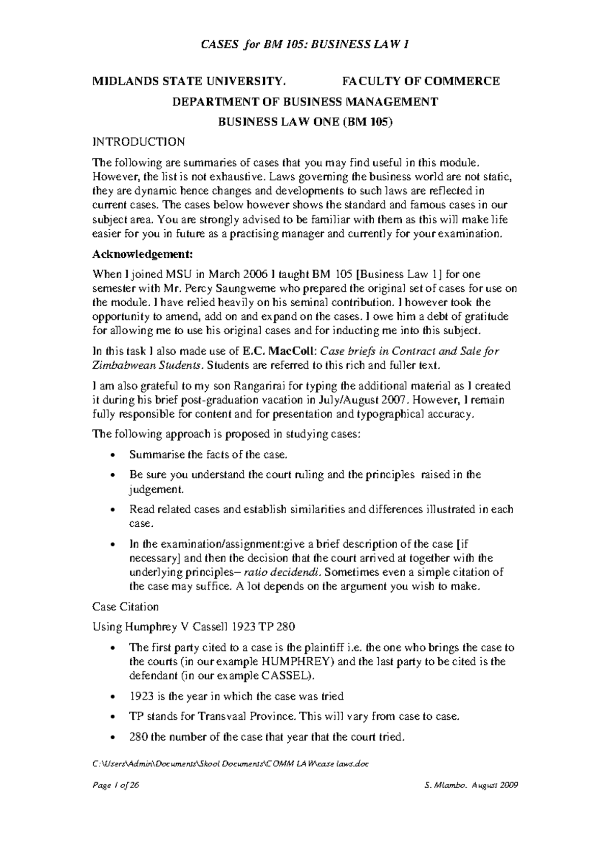 BM 105 Case Laws Summaries for Business Law Revision - Studocu