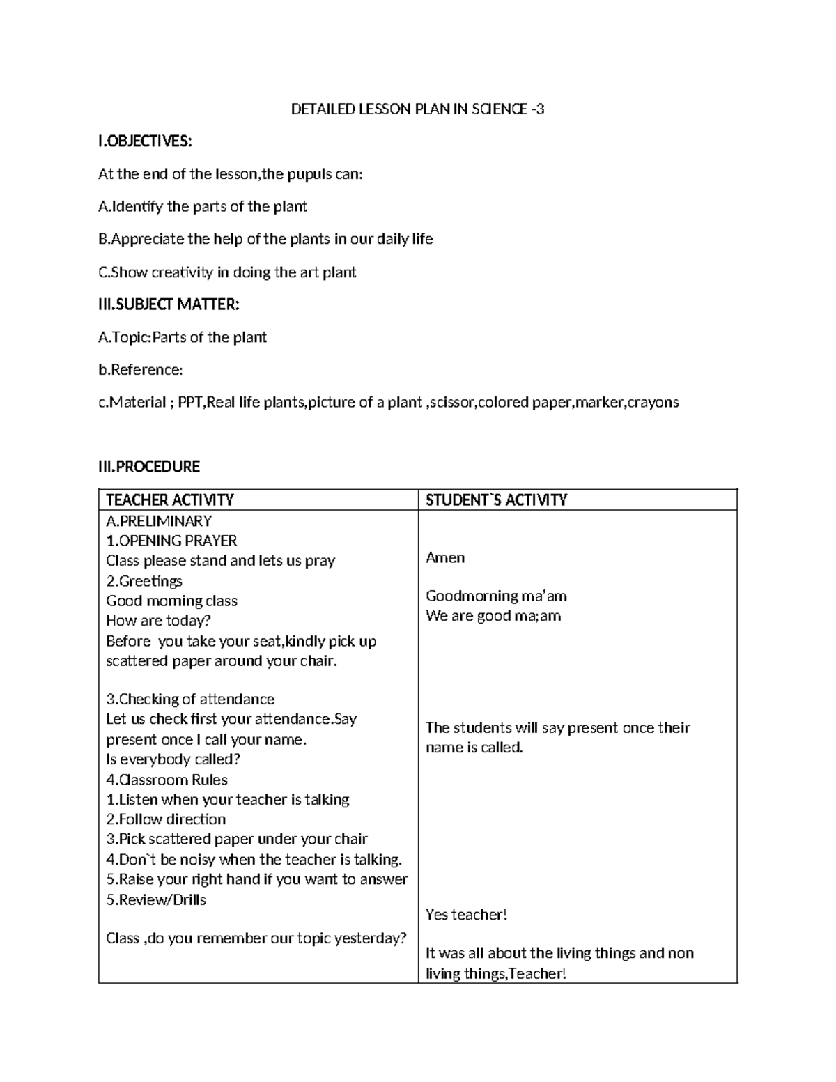 Detailed lesson plan in science: parts of the plant and their functions ...