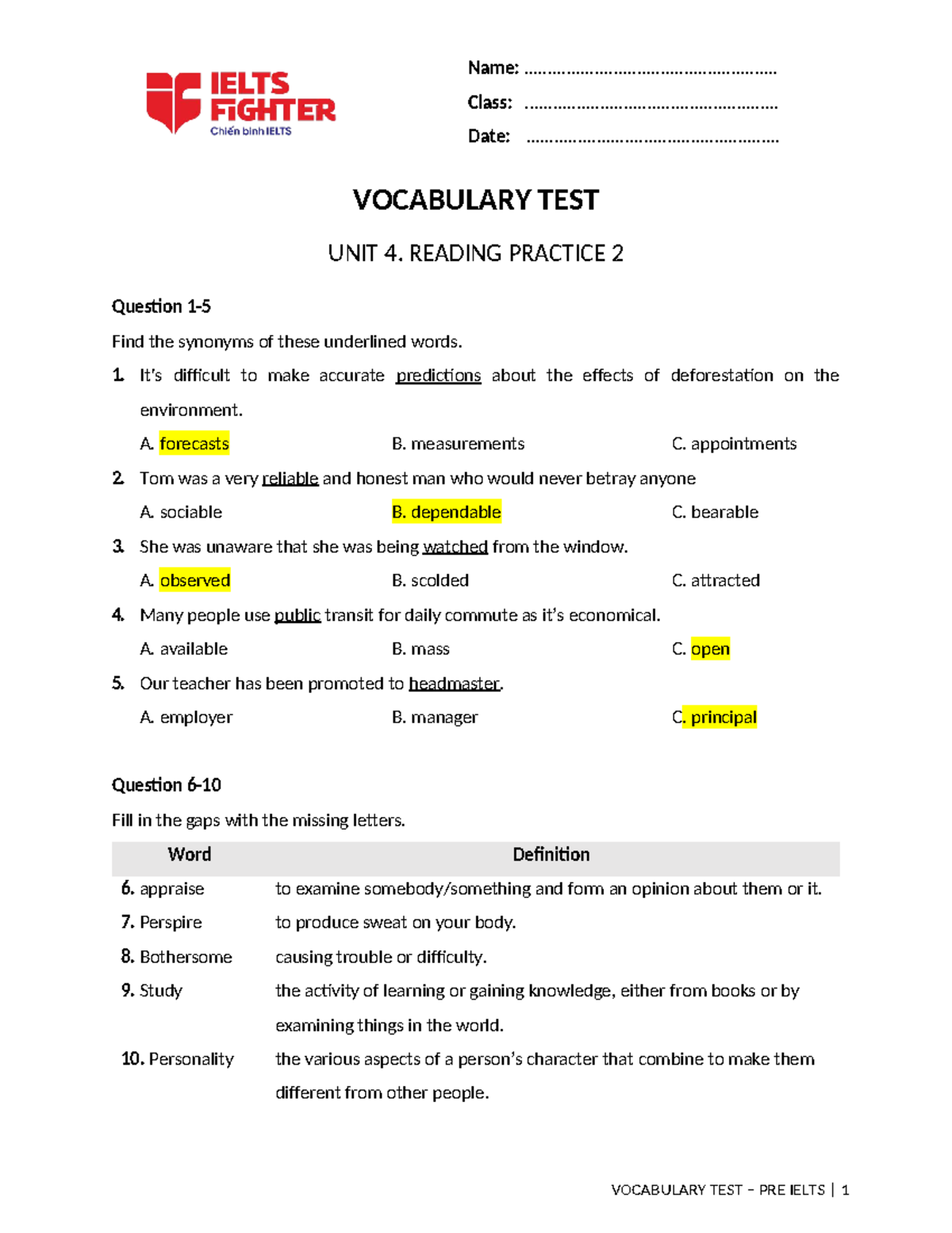 Vocabulary Test Unit 4: Reading Practice 2 (PRE IELTS) - Studeersnel
