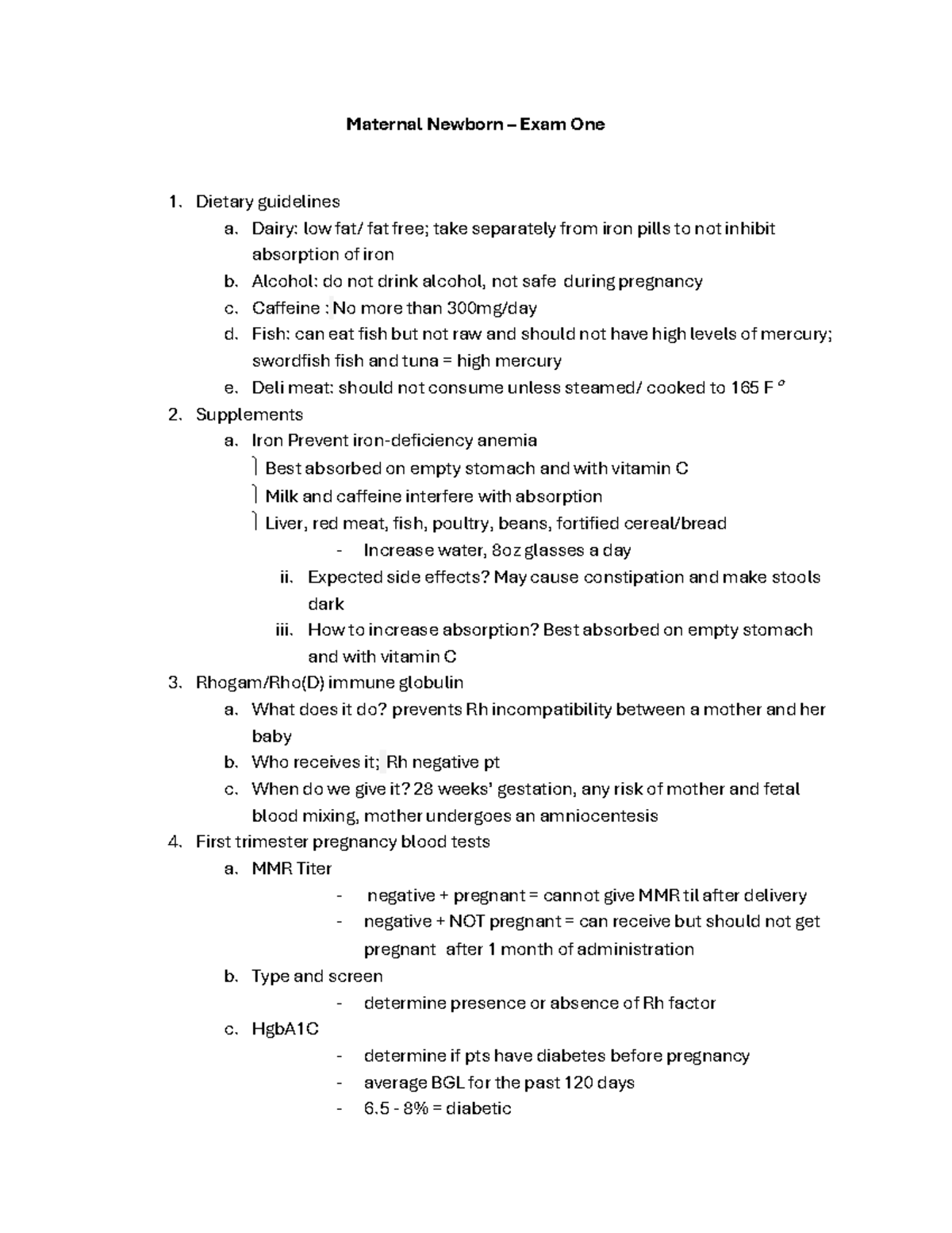 Maternal Newborn Exam One: Key Dietary and Health Guidelines - Studocu
