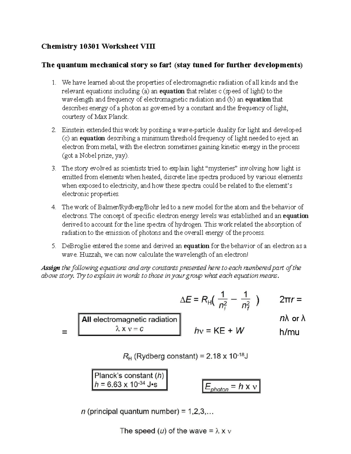Chemistry 10301 Worksheet Chapter 6 Part 1 Quantum - Chemistry 10301 ...
