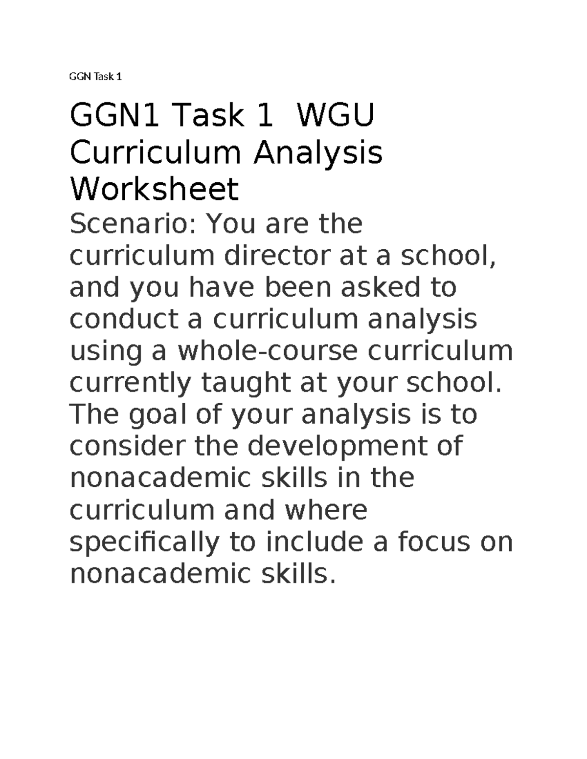 D630 GGN1 Task 1 - Curriculum Analysis for Nonacademic Skills - Studocu