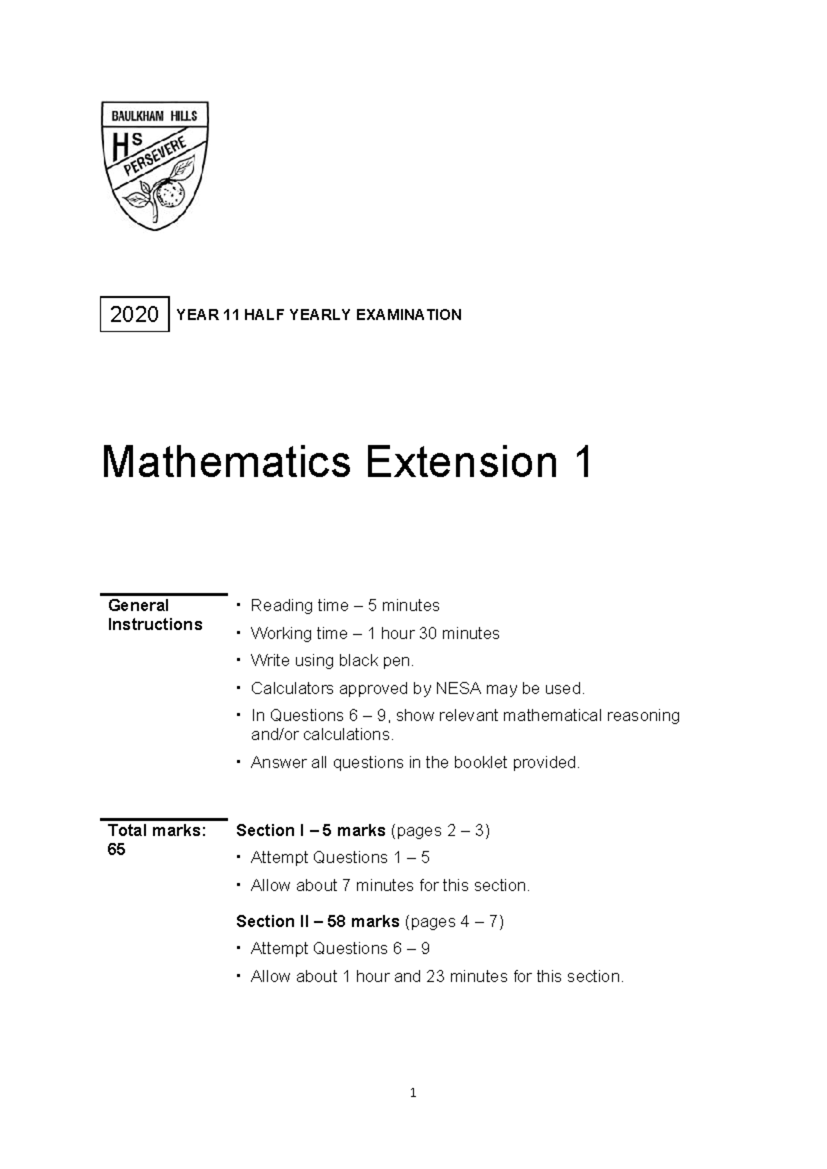 2020 YEAR 11 HALF YEARLY EXAM Mathematics Extension 1 Exam Paper - Studocu