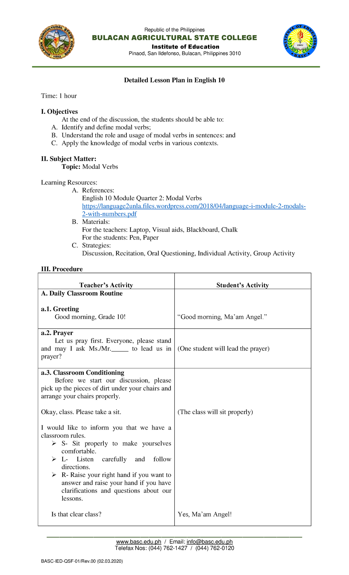 Detailed Lesson Plan for English 10: Understanding Modal Verbs - Studocu
