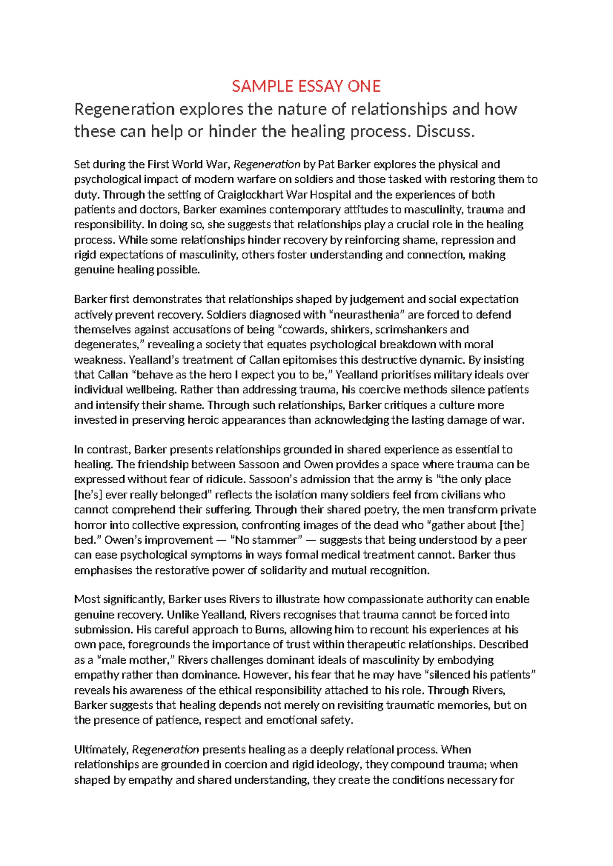 Sample Essay 1: Regeneration and the Healing Power of Relationships ...