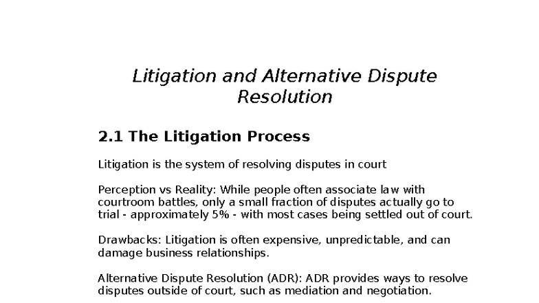 Chapter 2 (LAW122) - The Litigation Process & ADR Overview - Studocu