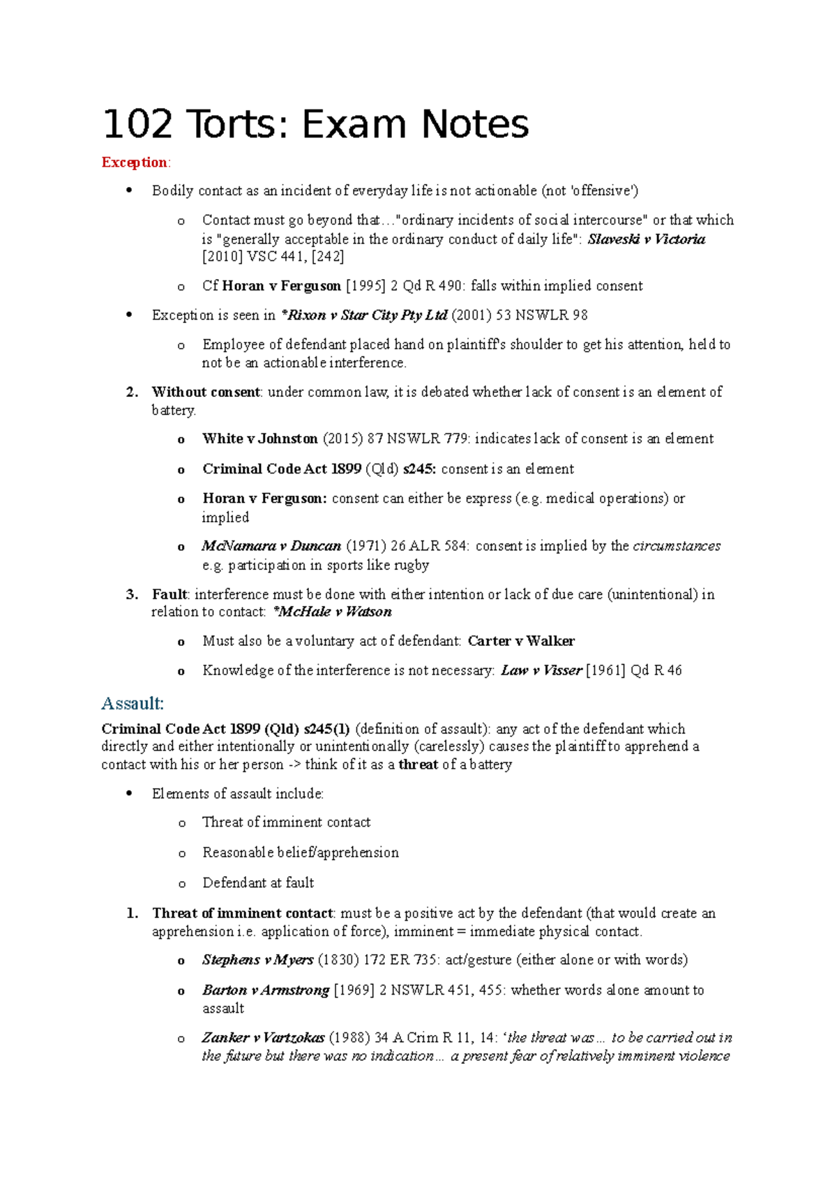 102 Torts: Exam 1 - Comprehensive Exam Preparation Notes - Studocu