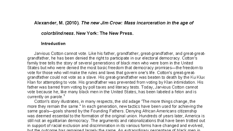 Exploring Mass Incarceration: The New Jim Crow System (JUS 201) - Studocu