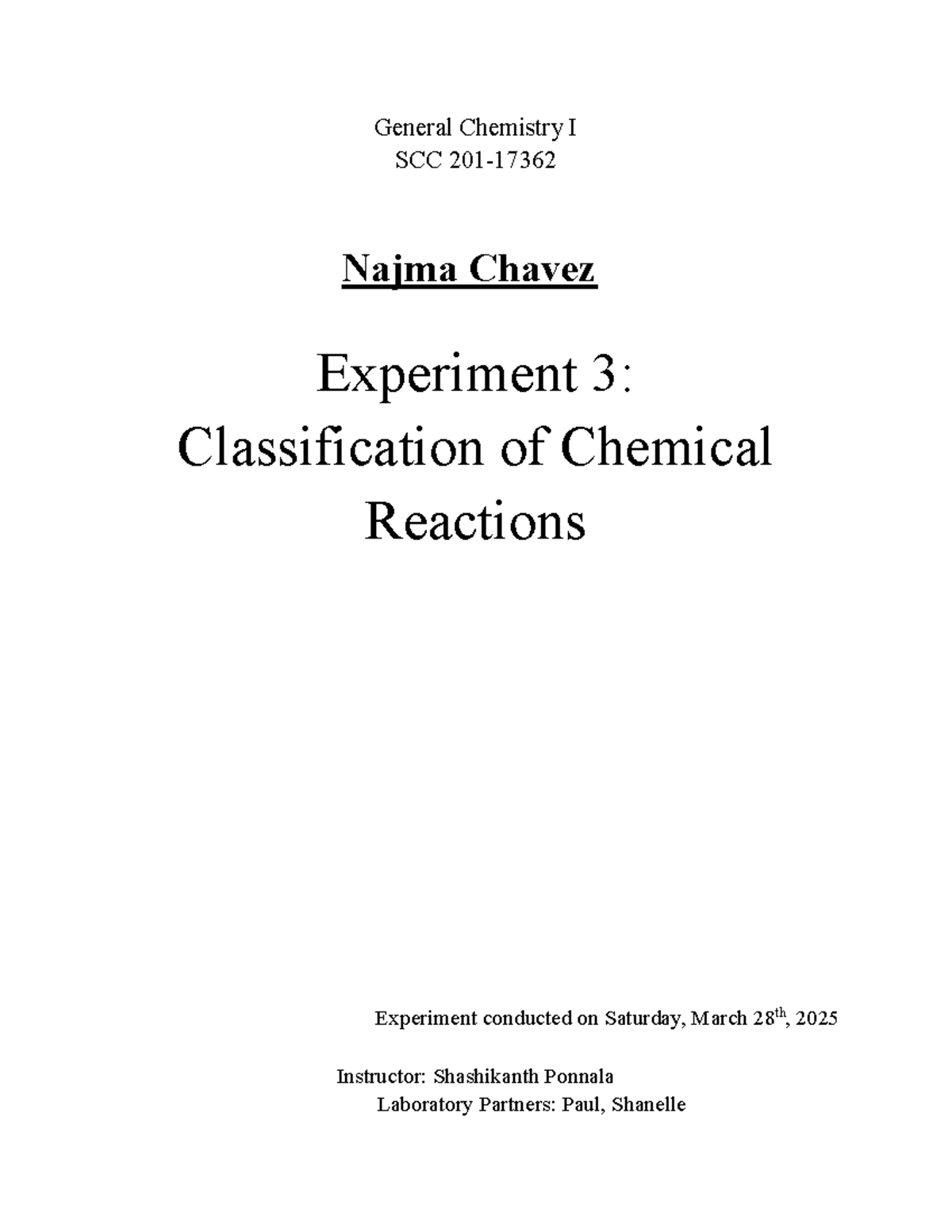 Najma Chavez SCC 201 Lab Report 3 - General Chemistry I SCC 201- Najma ...