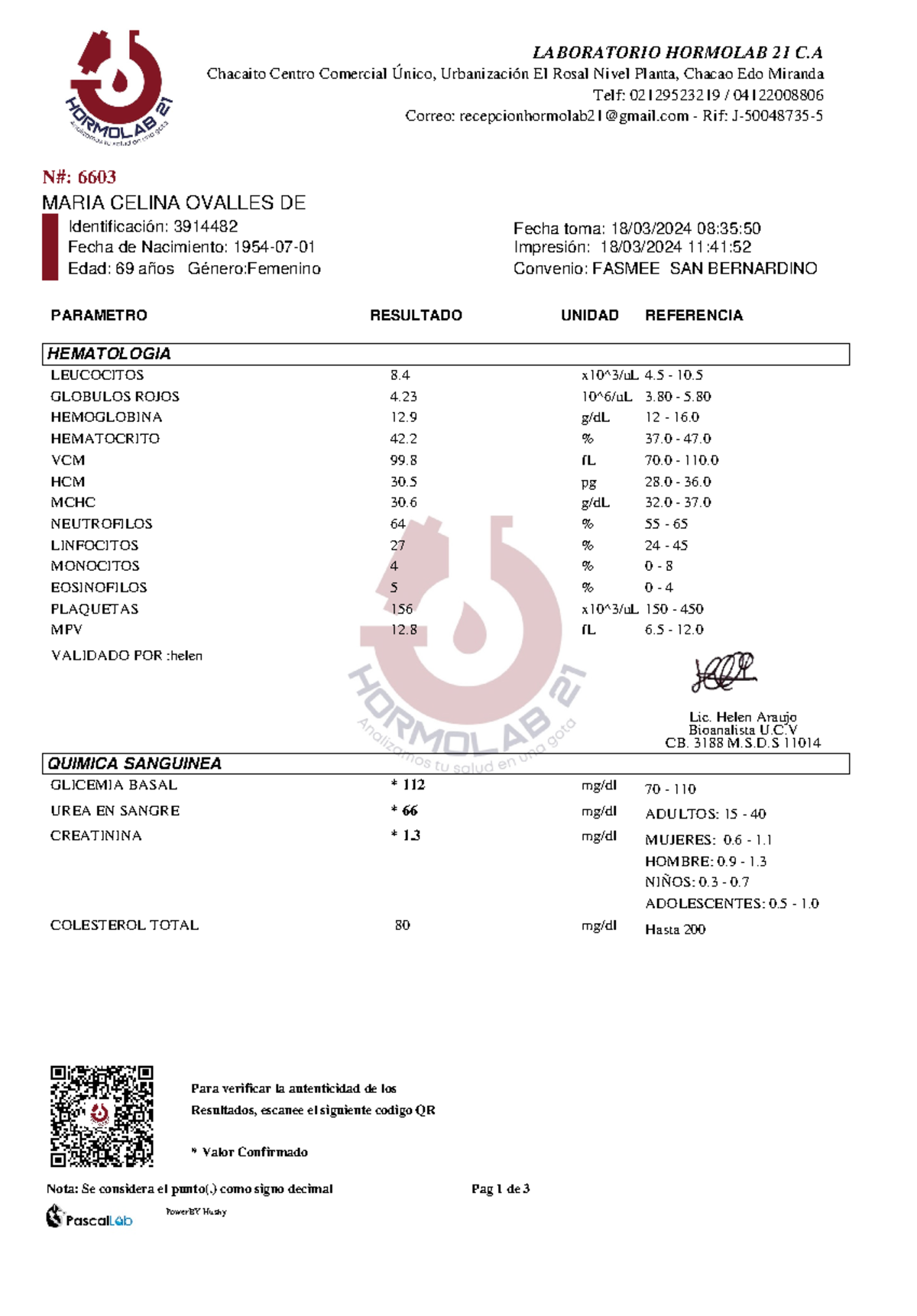 6603 Hematology & Chemistry Lab Results for Maria Celina Ovalles DE ...