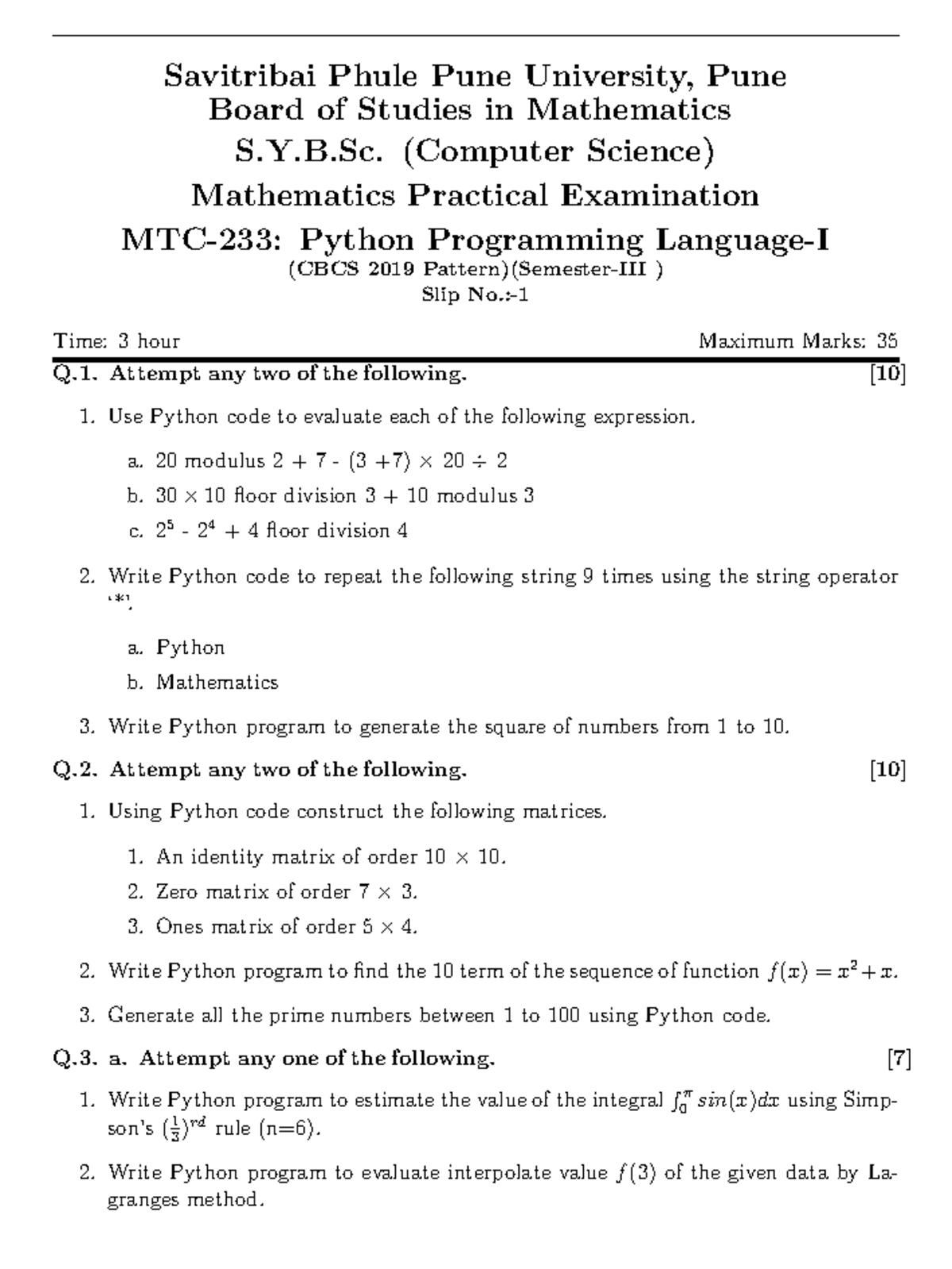 MTC-233 Python Programming Language I Practical Examination Slip Sem III - Studocu