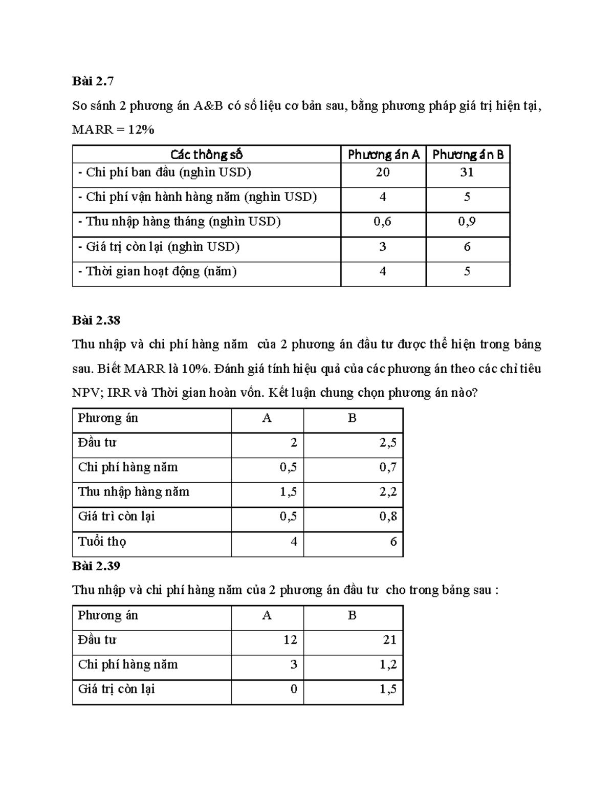 Bài Tập Chọn Phương Án Đầu Tư - DA 12312312 - Studocu