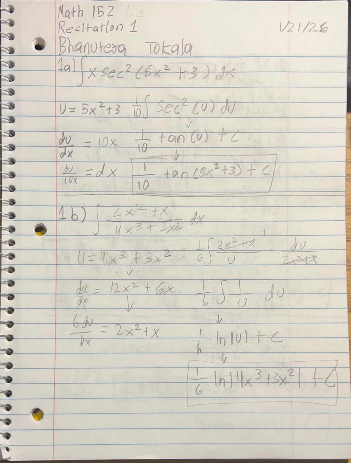 Calc 2 Recitation 1 - Integration Techniques and Solutions - Studocu