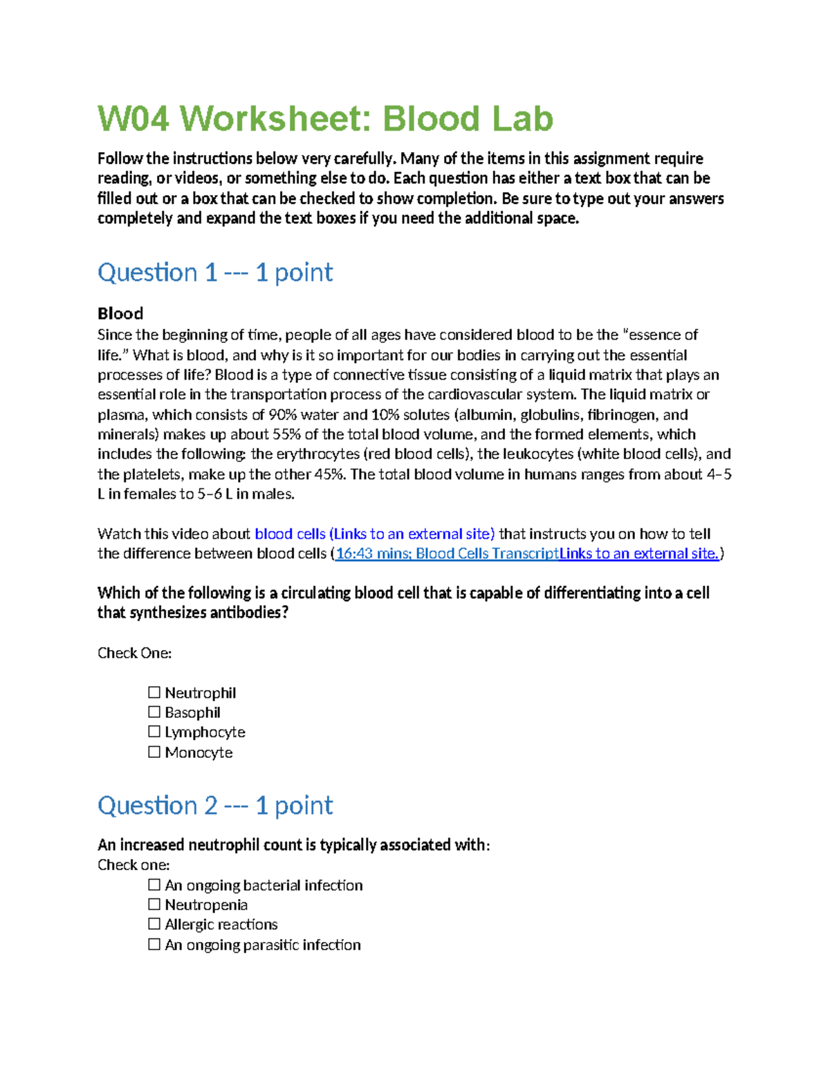 Bio265L W04 Worksheet: Blood Lab Analysis and Questions - Studocu