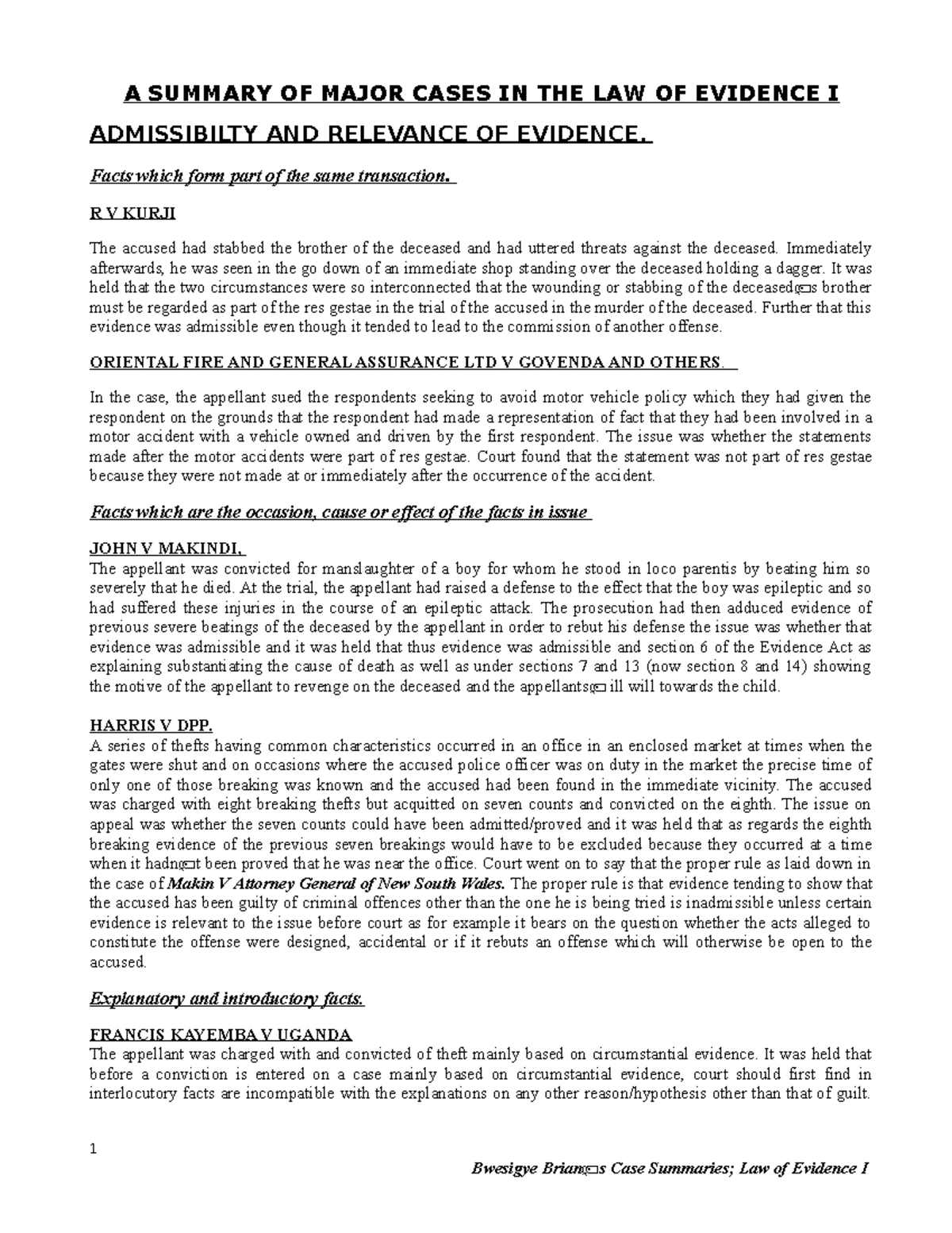 Case Summaries: Key Cases in the Law of Evidence - Studocu