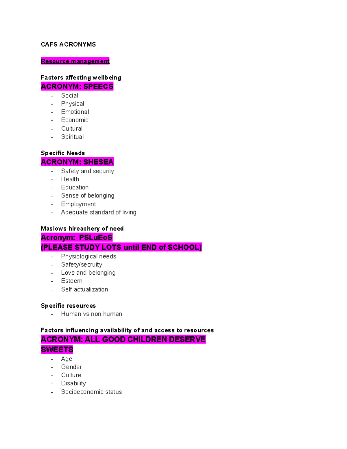CAFS Acronyms - Resource Management & Wellbeing Factors (Prelim) - Studocu