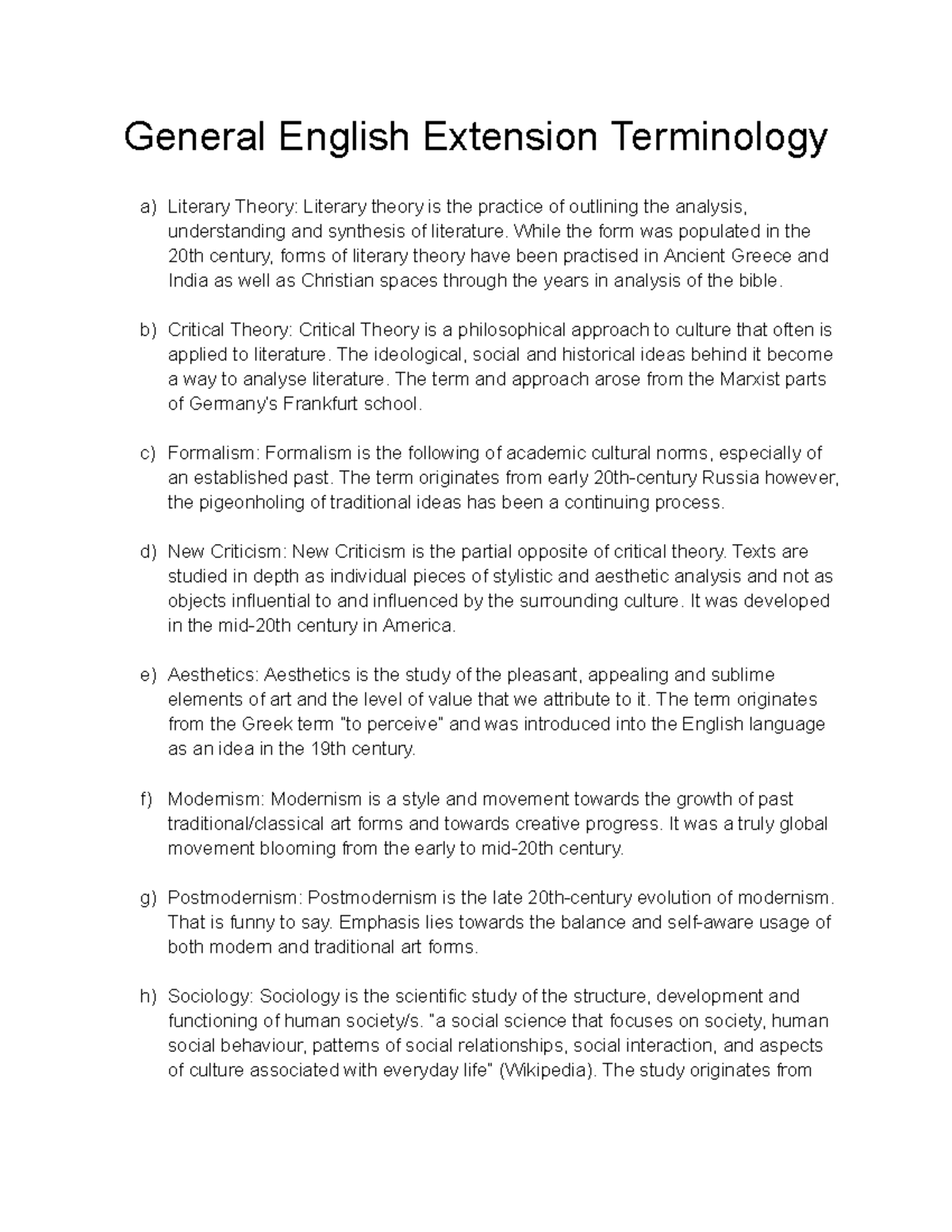General English Extension Terminology Overview for ELA 101 - Studocu