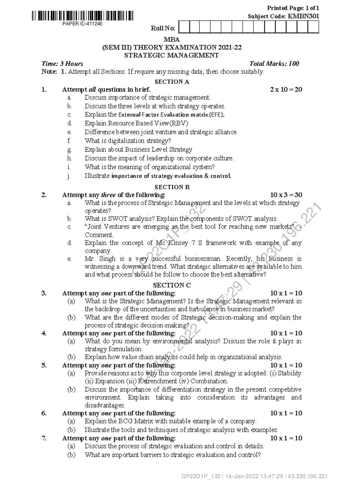 MBA 3 Sem Strategic Management Exam KMBN301 January 2022 - Studocu