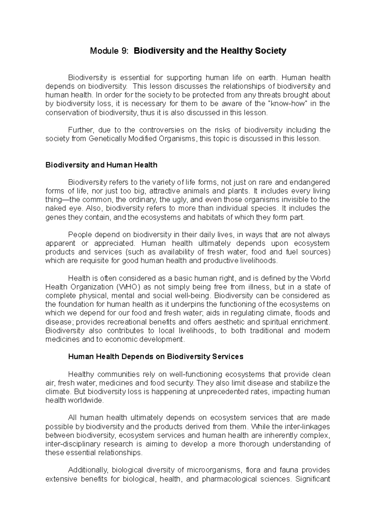 Module 9: Exploring Biodiversity's Impact on Human Health - Studocu