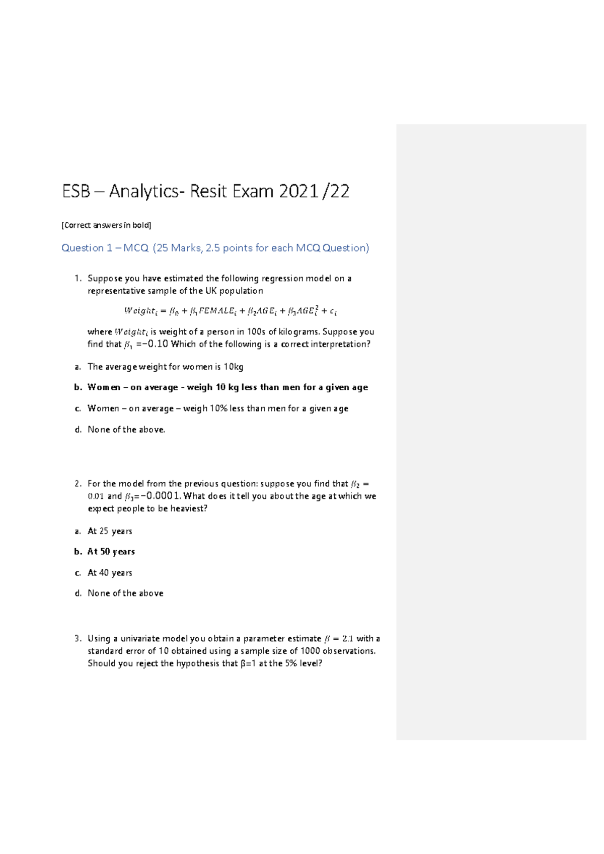 ESB2021 Resit Exam Solutions: Regression & Analytics Insights - Studocu
