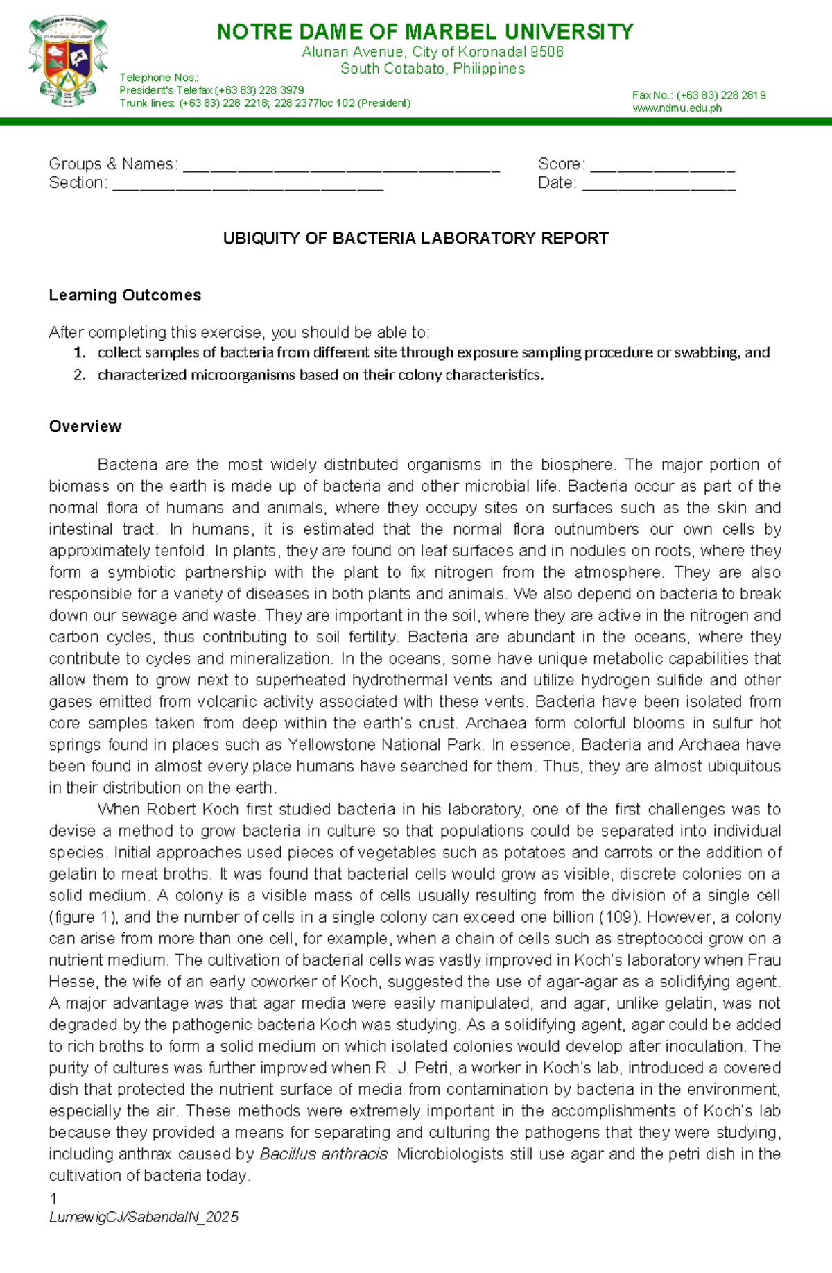 UBIQUITY OF BACTERIA LAB REPORT - Activity 1: Micro Para - Studocu