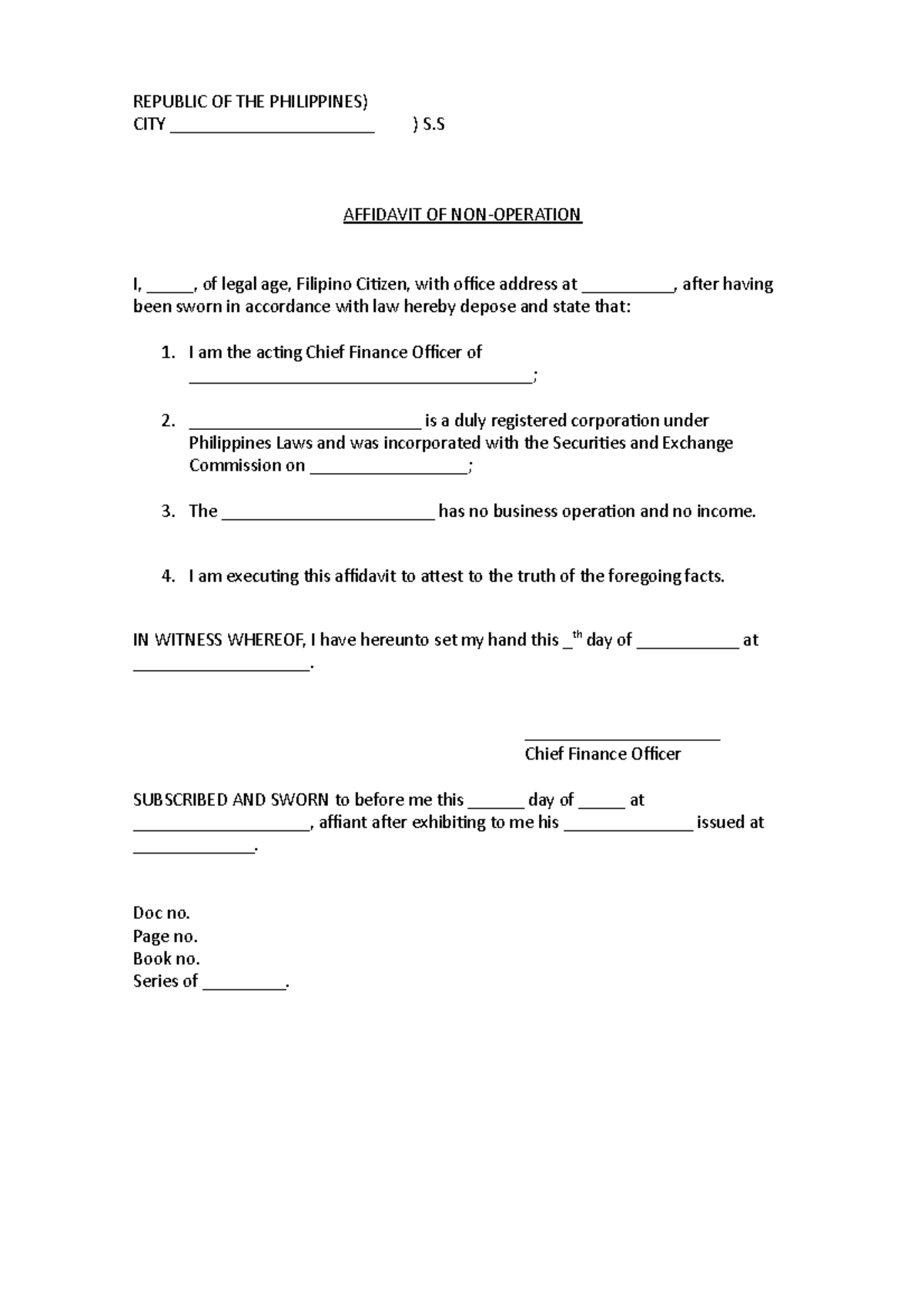 Affidavit of Non-Operation Certificate in the Philippines - Studocu
