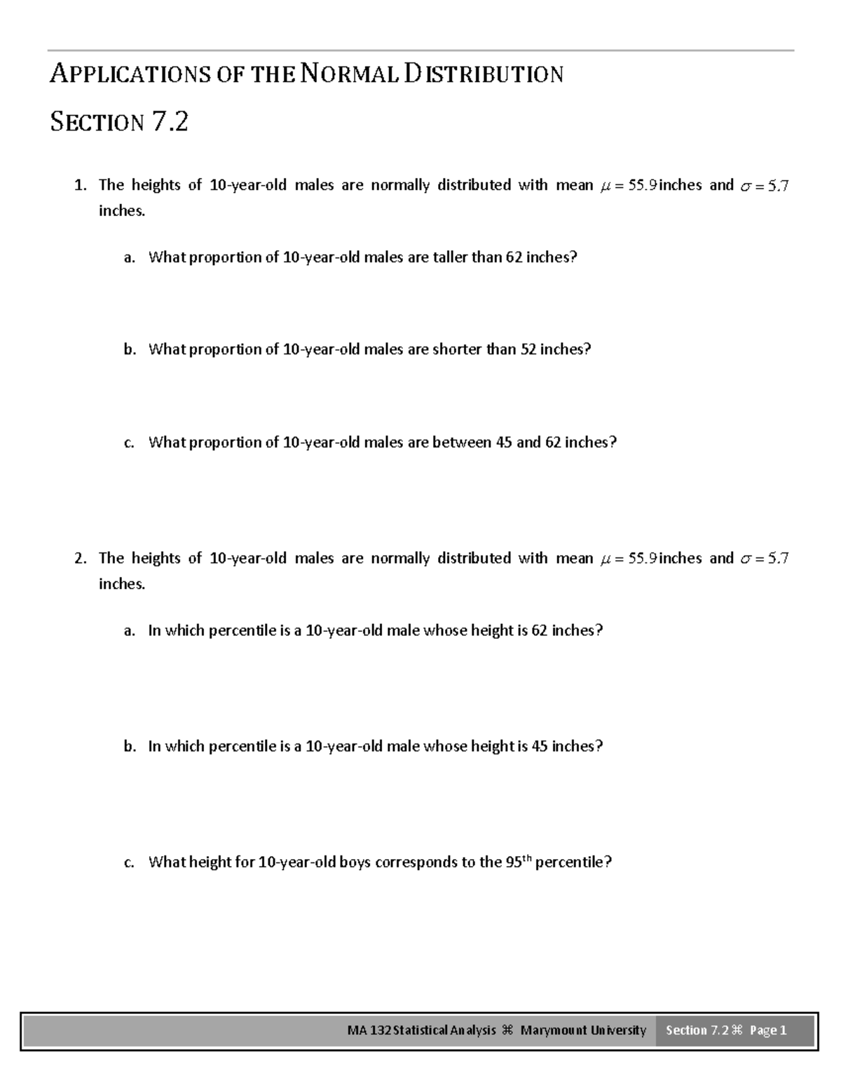 (12) Applications of the Normal Distribution Section 7 - MA 132 ...