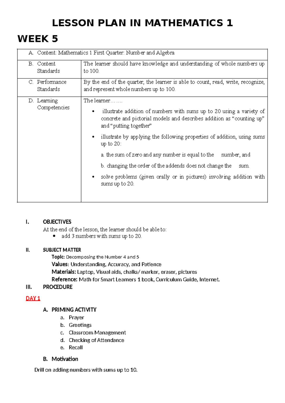 Mathematics 1 Lesson Plan: Week 5 - Number & Algebra Concepts - Studocu