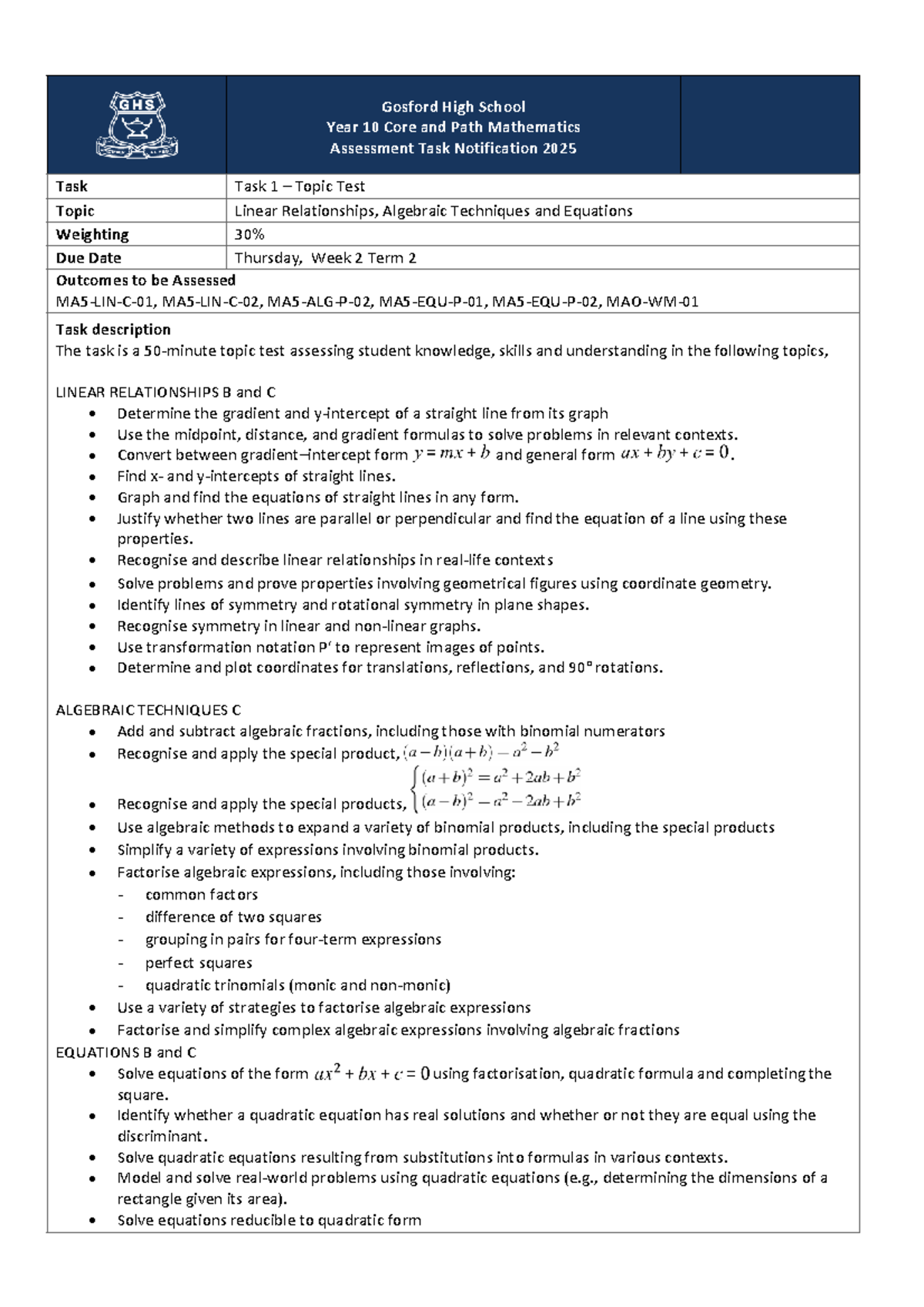 2025 Year 10 Core & Path Math Task 1: Linear Relationships & Algebra ...