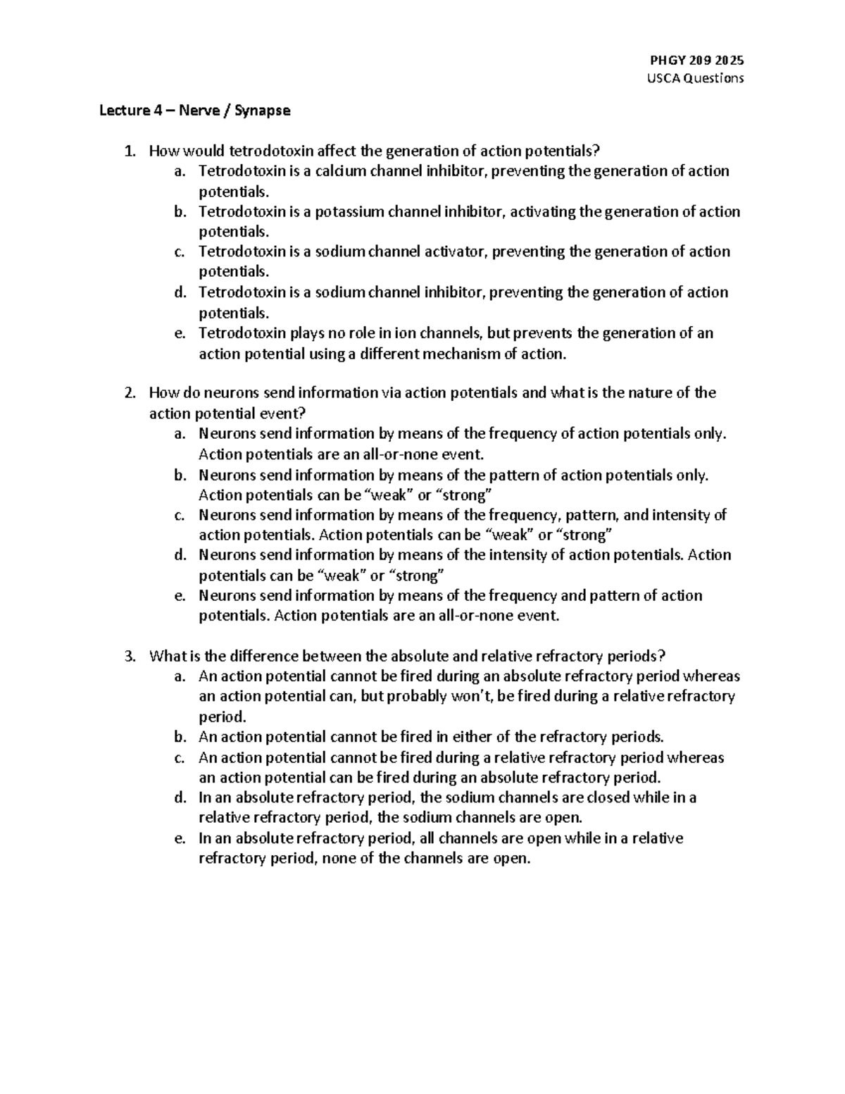 PHGY 209 Lecture 4: Nerve Synapse & Action Potential Questions - Studocu