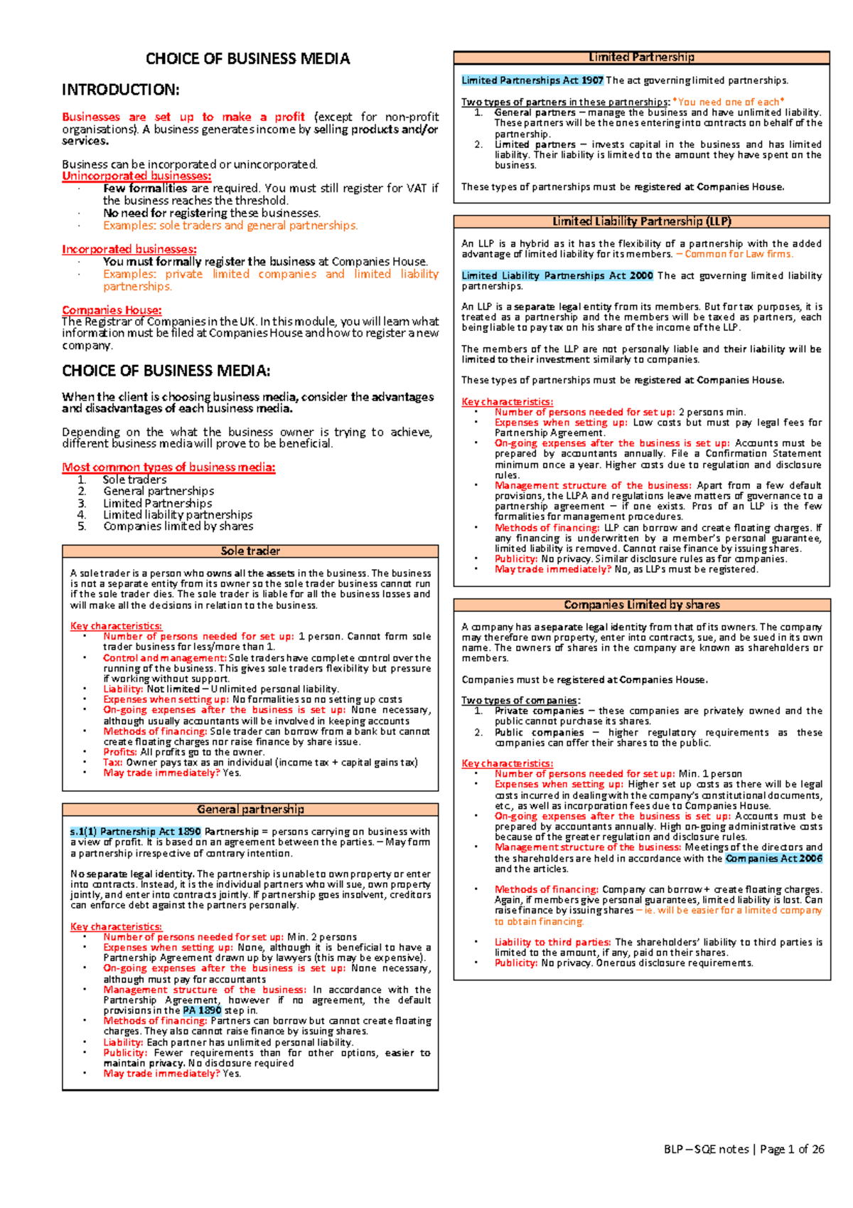 BLP SQE Notes: Understanding Limited Partnerships and Company Law - Studocu