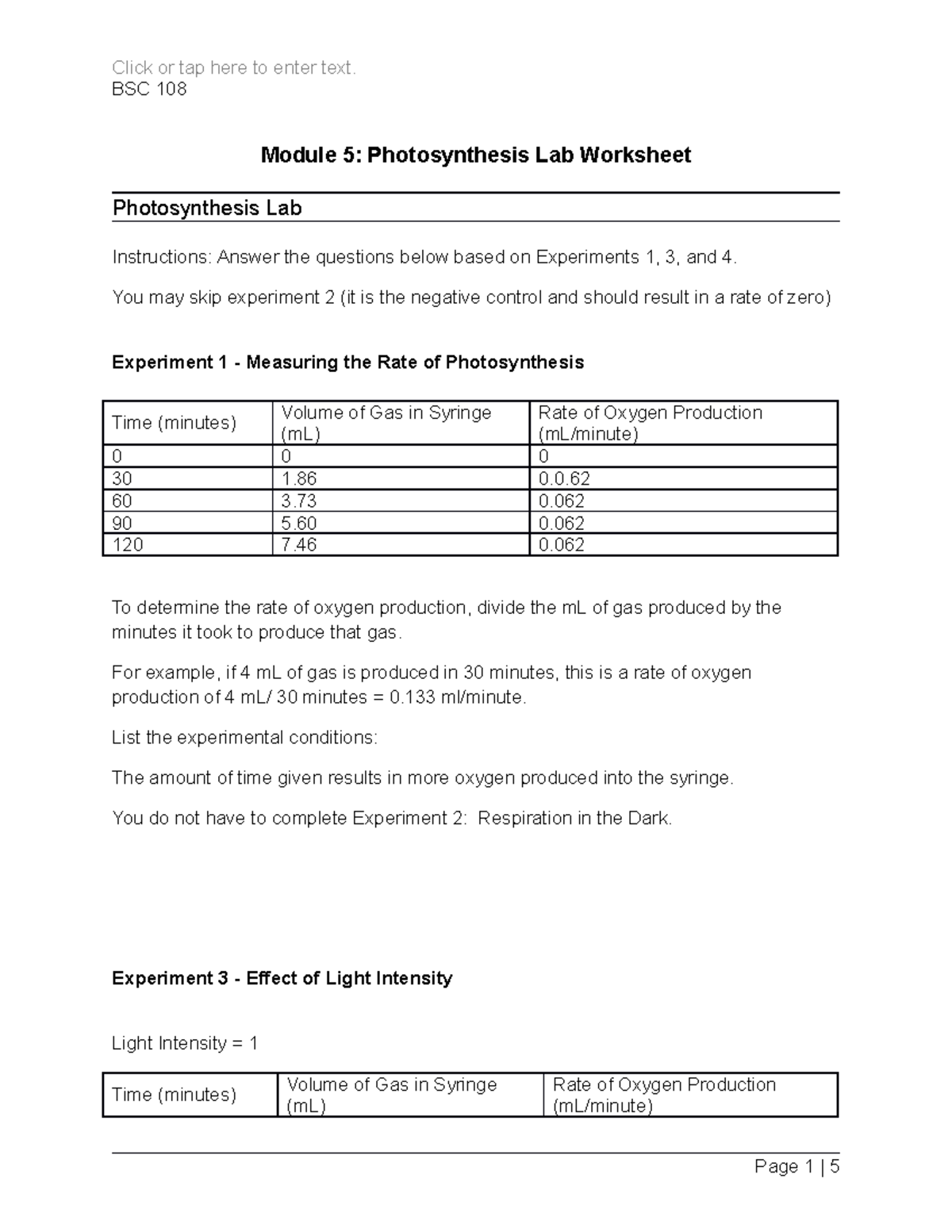 BSC 108 Lab 5: Photosynthesis Worksheet and Journal 2023 - Studocu