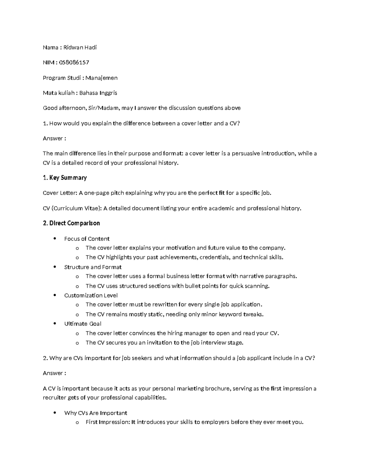 Ridwan Hadi's CV vs Cover Letter Analysis (B.Inggris) Sesi 6 - Studocu