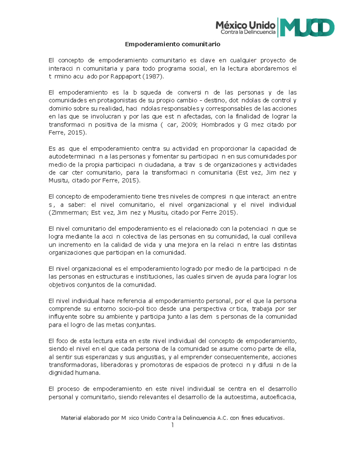 Lectura sobre Empoderamiento Comunitario: Conceptos y Niveles - Studocu