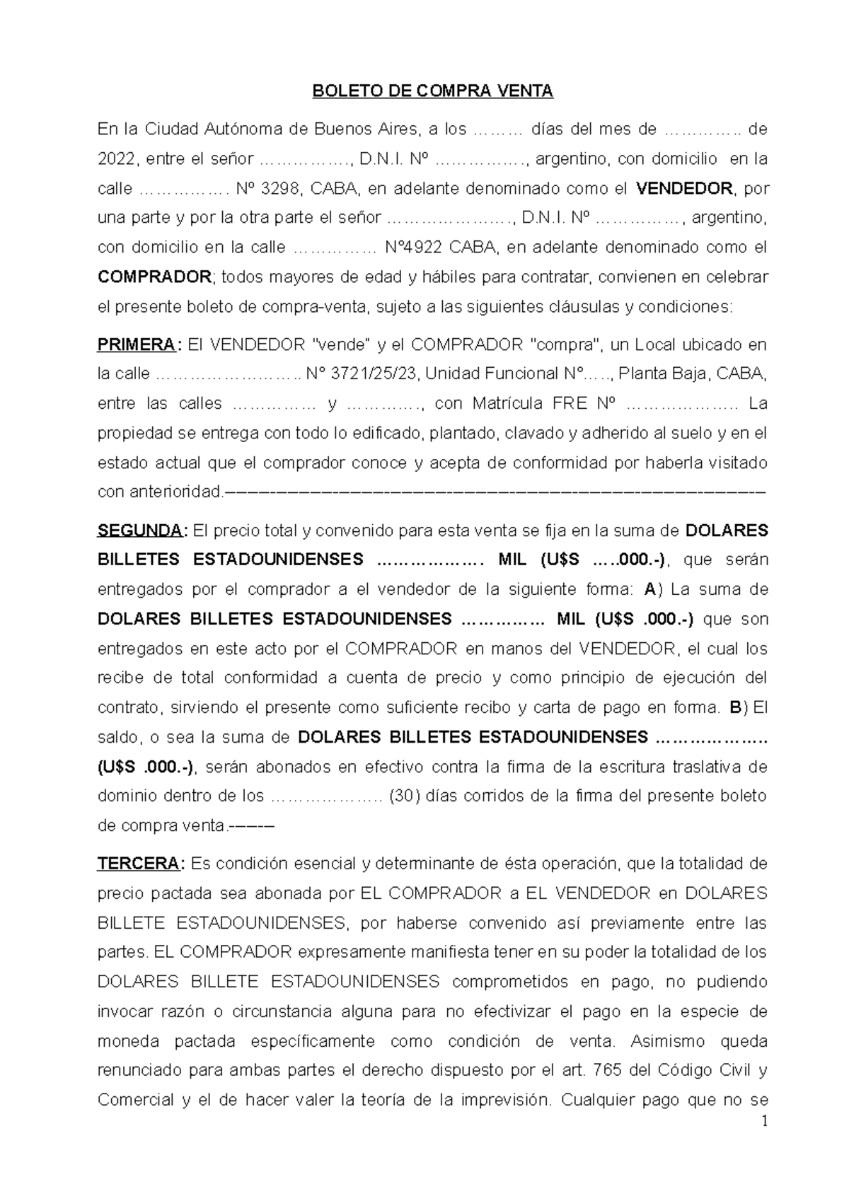 Modelo Boleto - BOLETO DE COMPRA VENTA En la Ciudad Autónoma de Buenos ...