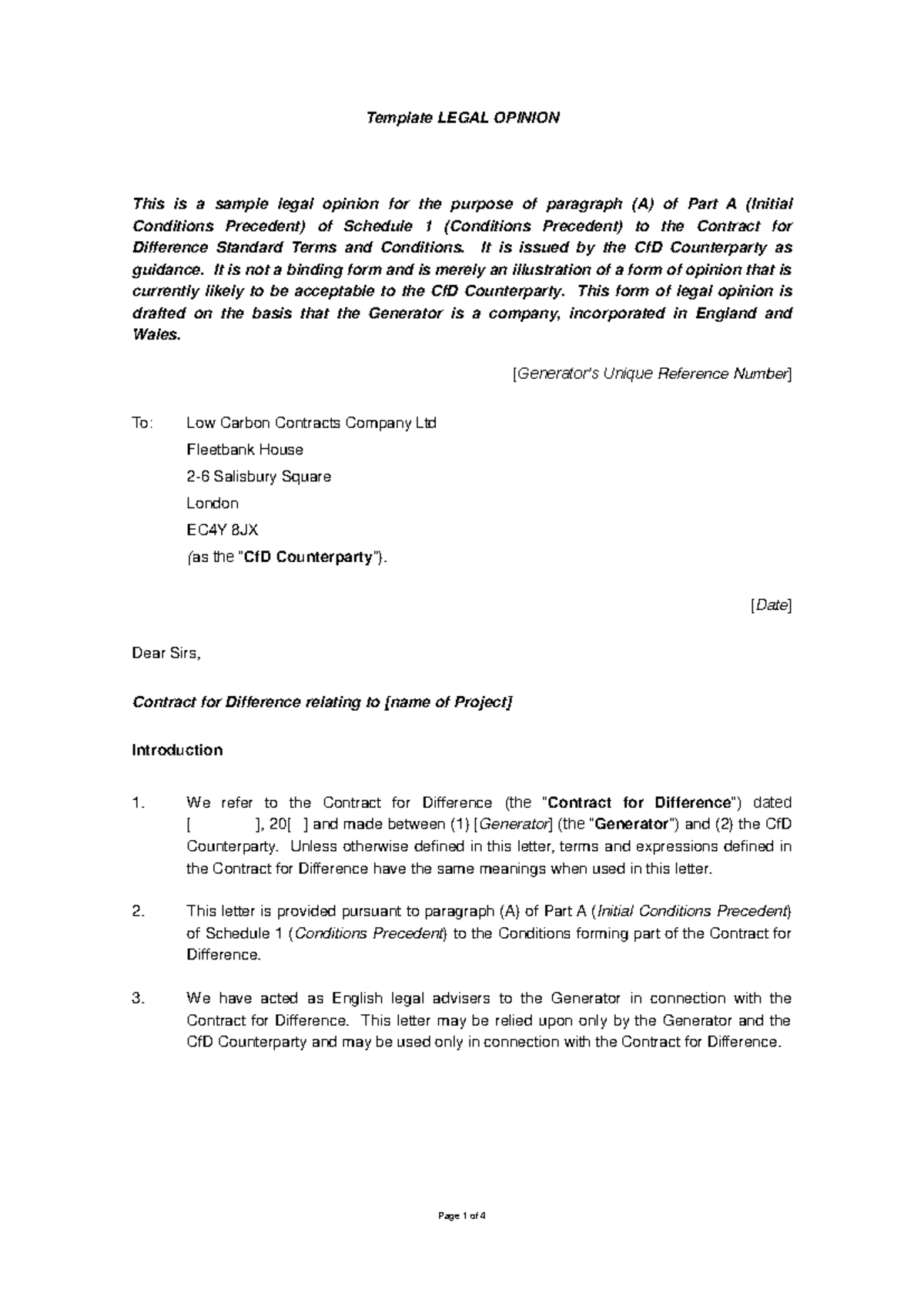 Template LEGAL OPINION: Guidance on Contract for Difference (CfD) - Studocu