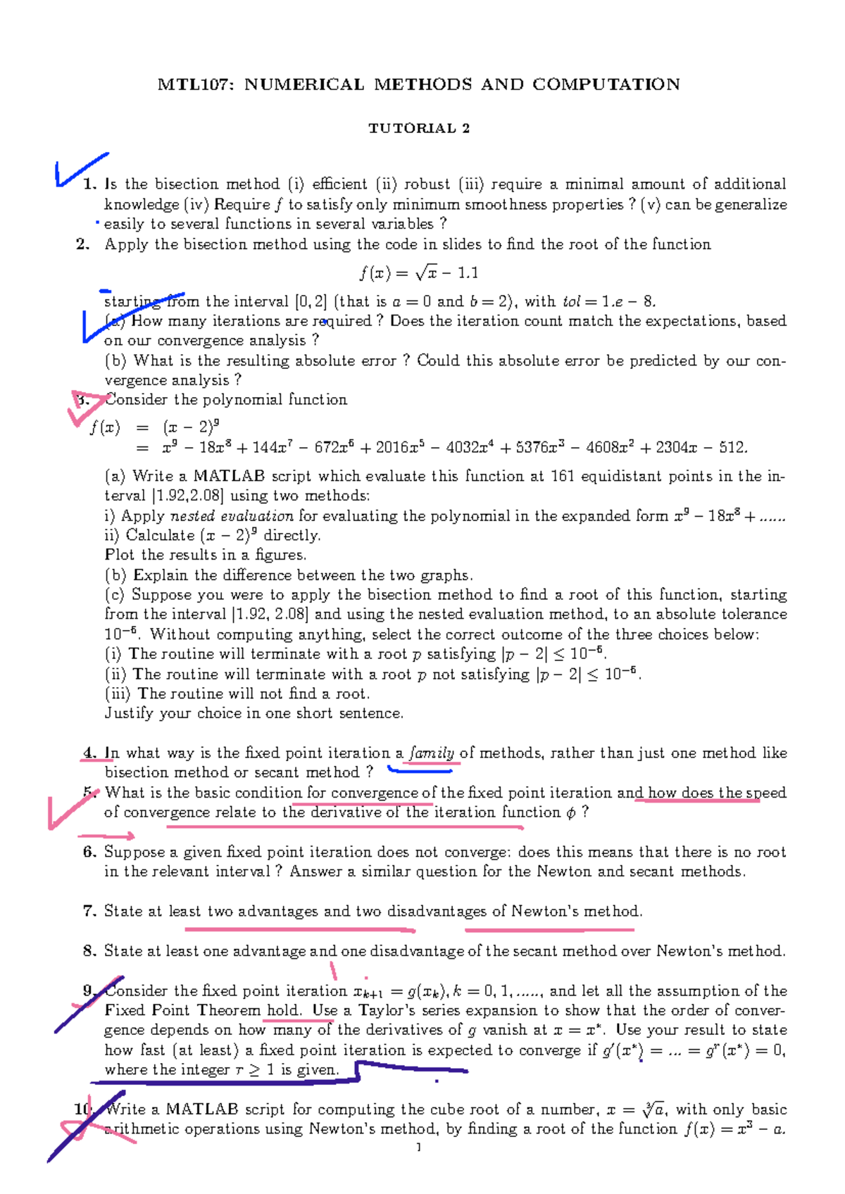 Tutorial 2 - practice - MTL107: NUMERICAL METHODS AND COMPUTATION TUTORIAL 2 Is the bisection ...