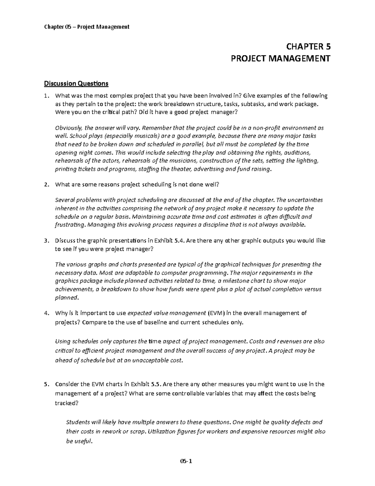 Chapter 5 Project Management: Key Concepts & Discussion Questions - Studocu