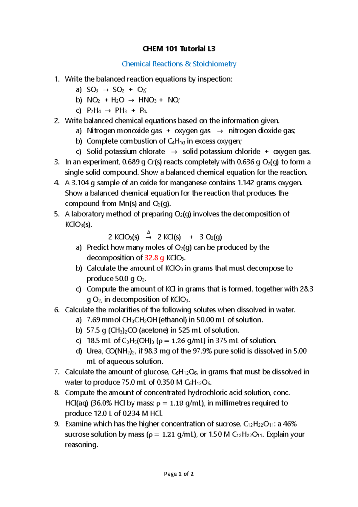 CHEM 101 Tutorial L3 - Page 1 of 2 CHEM 101 Tutorial L Chemical ...