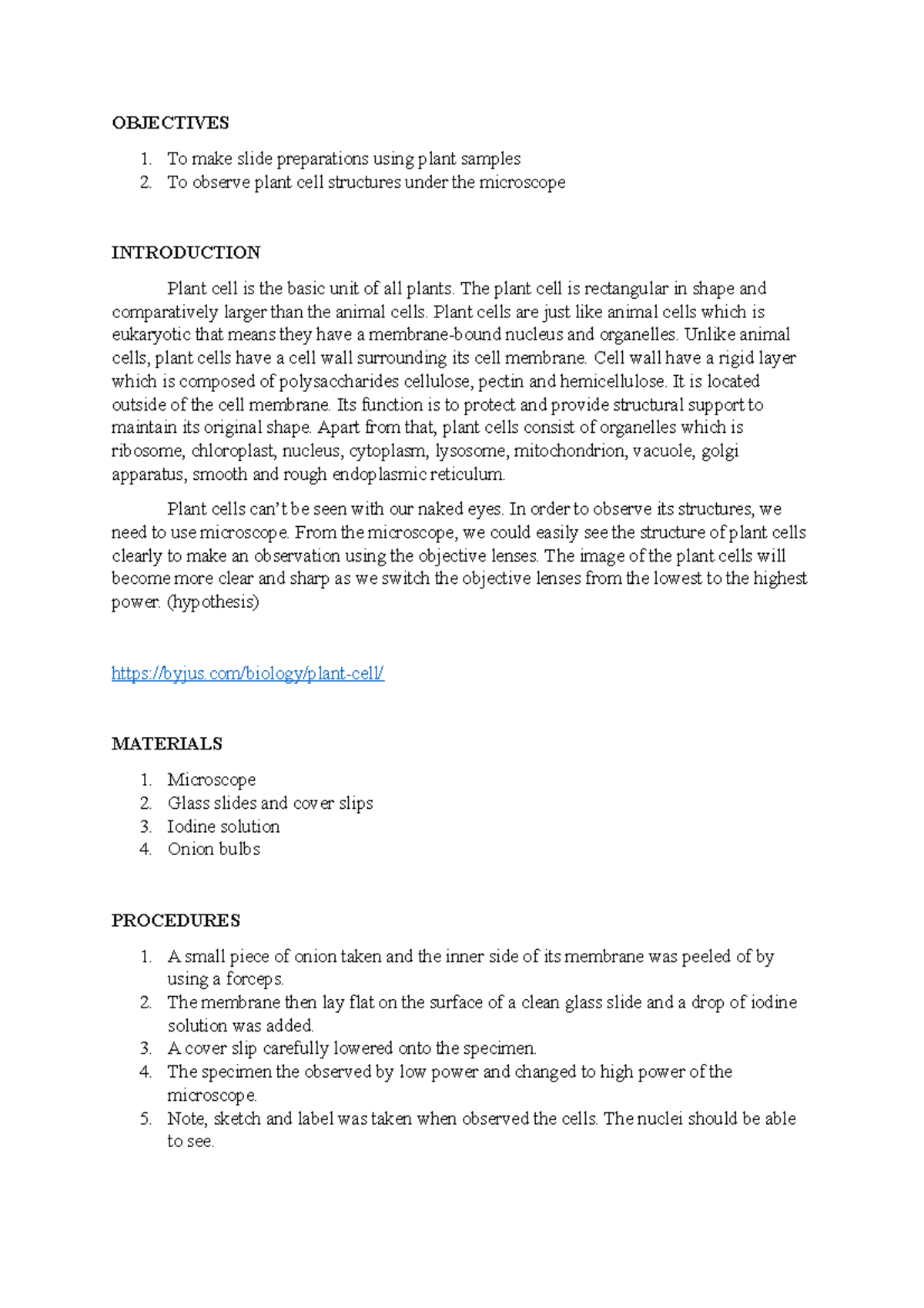 LAB Report: Observing Plant Cells with MIC102 Techniques - Studocu