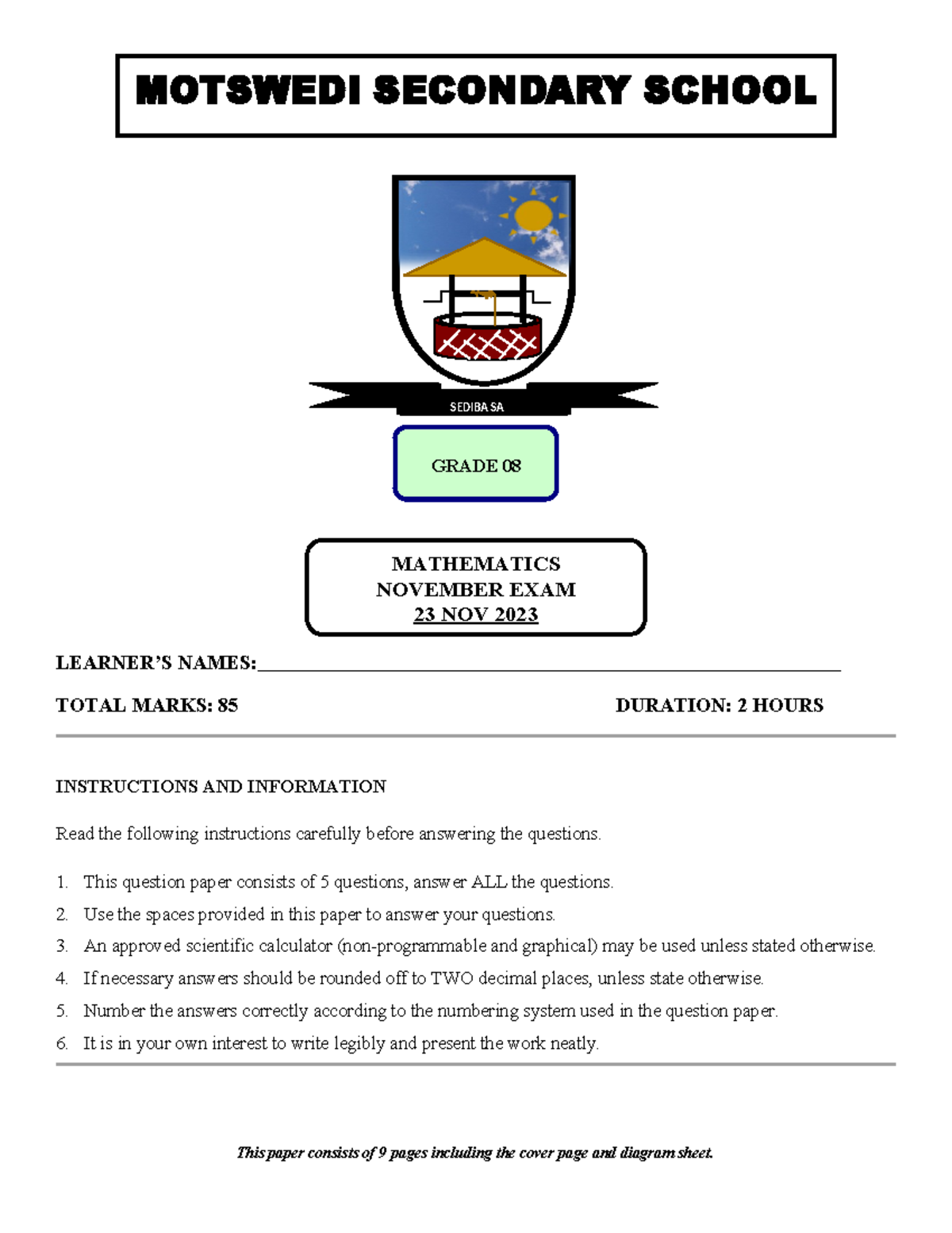 Grade 8 - Maths November Exam Paper 2023 (Total Marks: 85) - Studocu