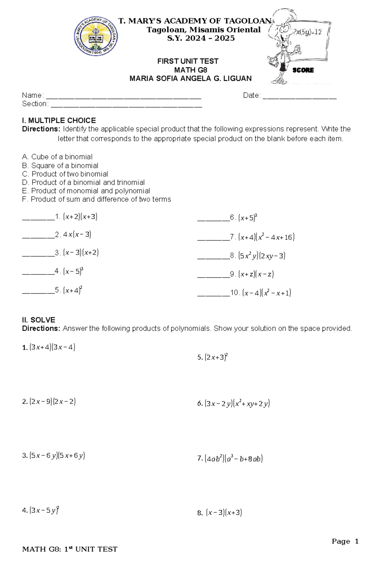 MATH G8: 1st UNIT TEST Review and Practice - Studocu