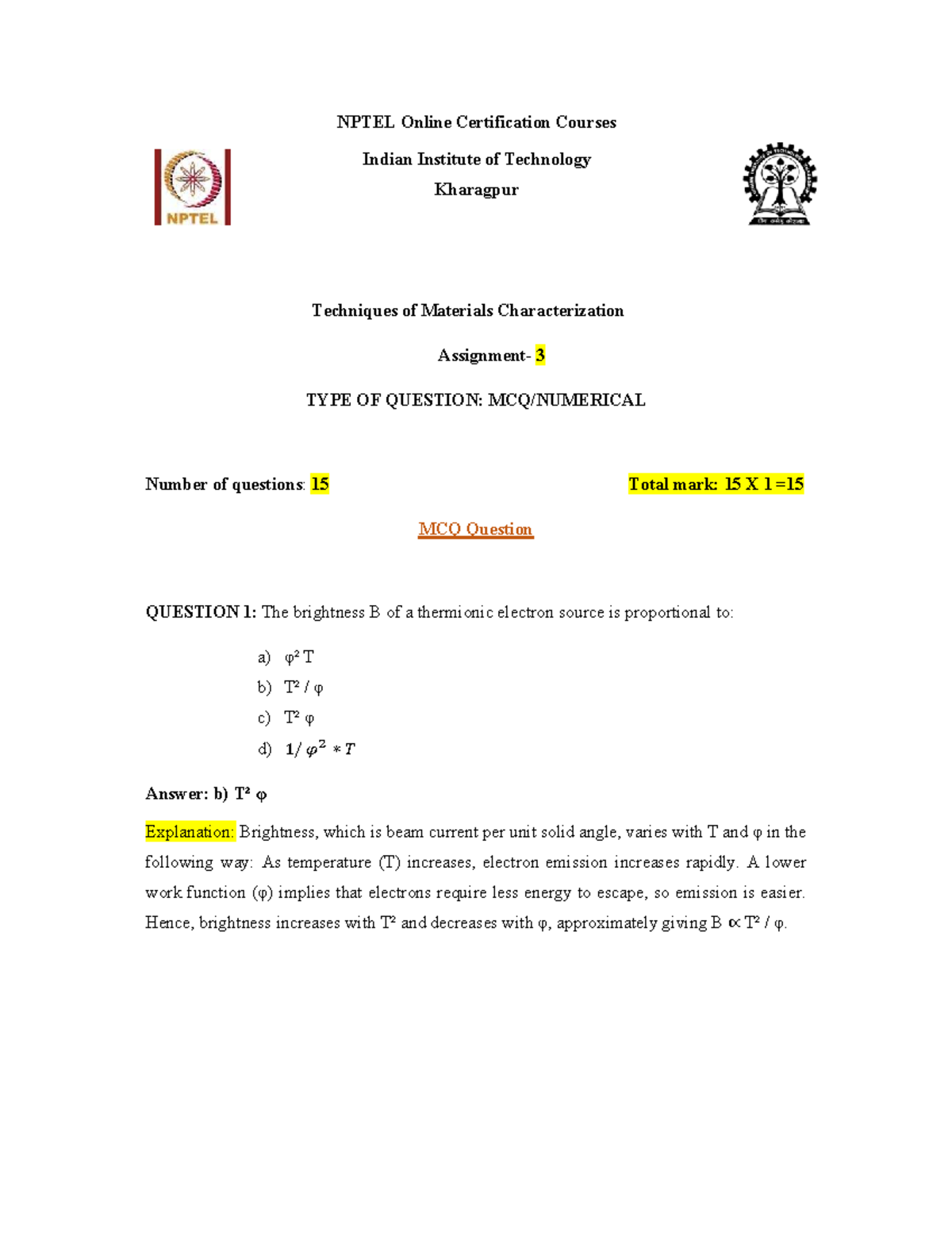 NPTEL IIT Kharagpur Week 03 Assignment Solutions on Materials ...