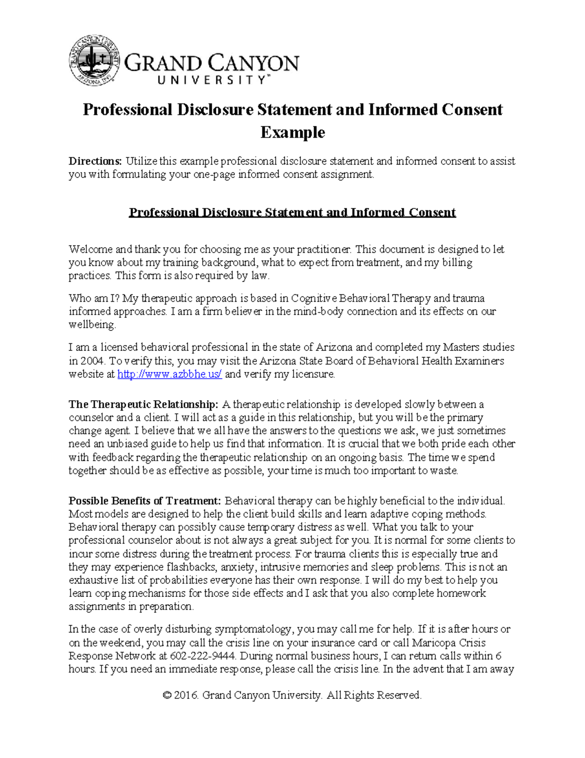 BHS-440 Informed Consent & Professional Disclosure Statement Guide ...
