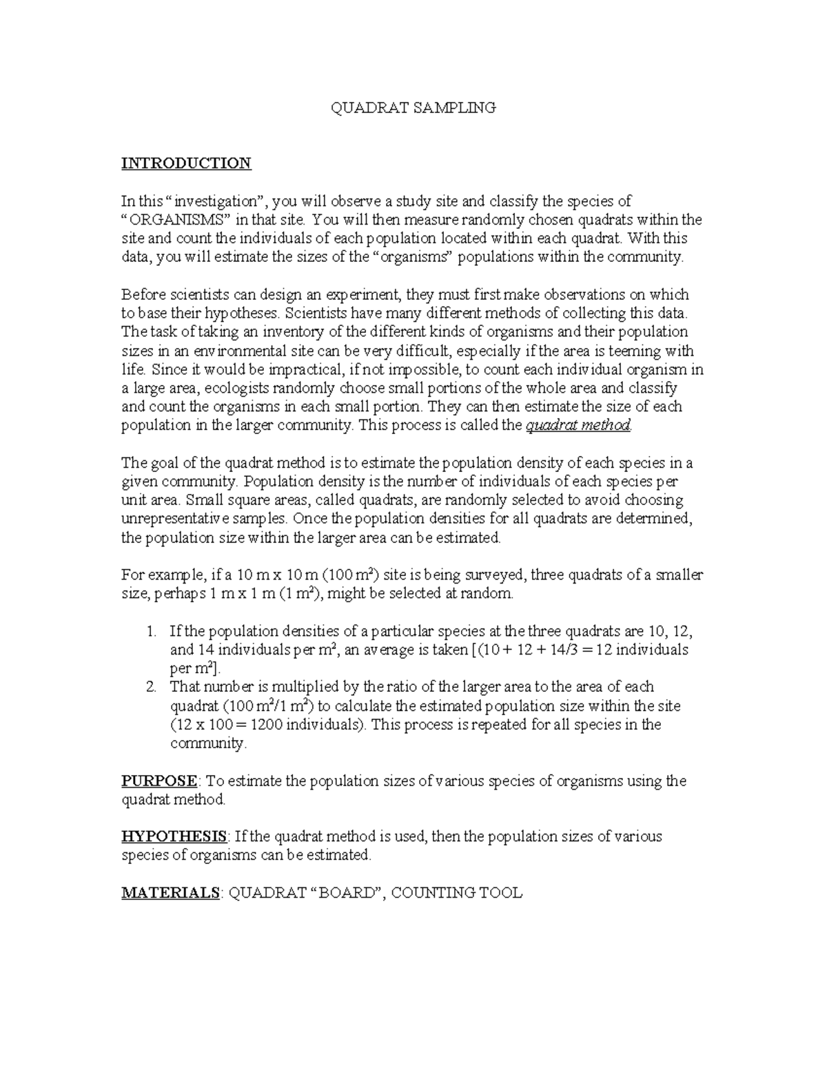 QUADRAT SAMPLING LAB 2.1: Estimating Species Populations - Studocu